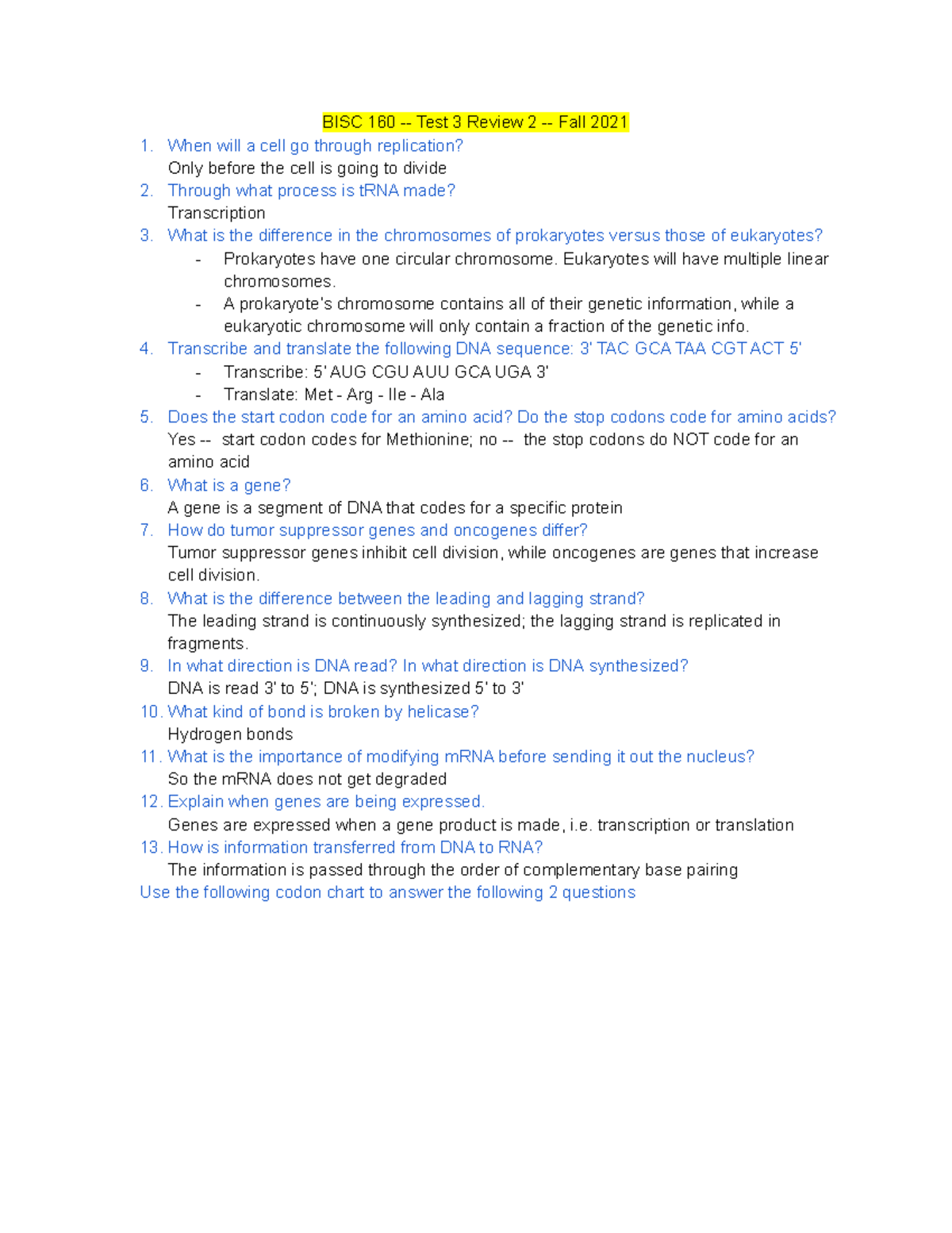 BISC 160 - Test 3 Review 2 - BISC 160 - Test 3 Review 2 - Fall 2021 ...