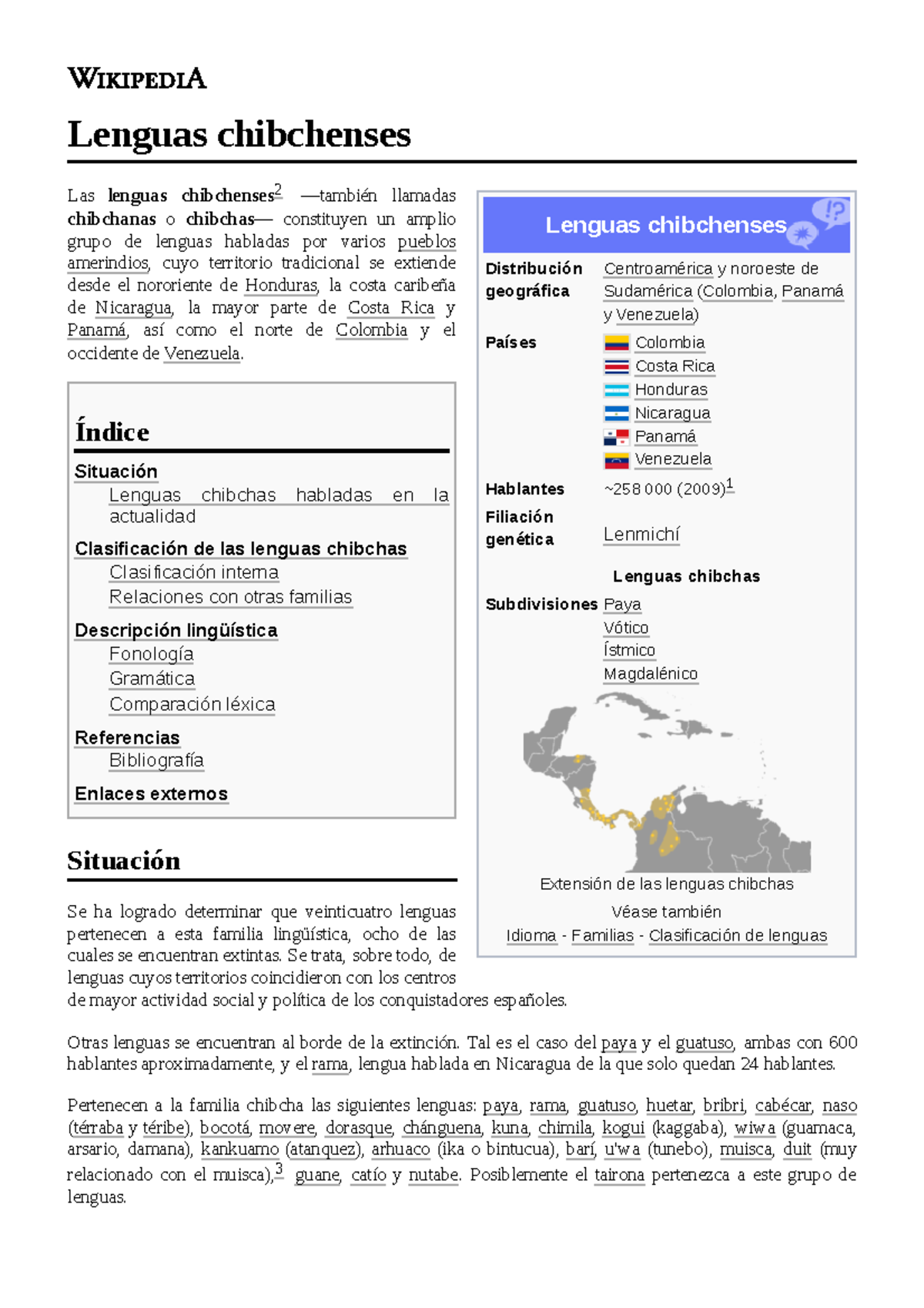 Lenguas chibchenses - Situación Lenguas chibchas habladas en la ...