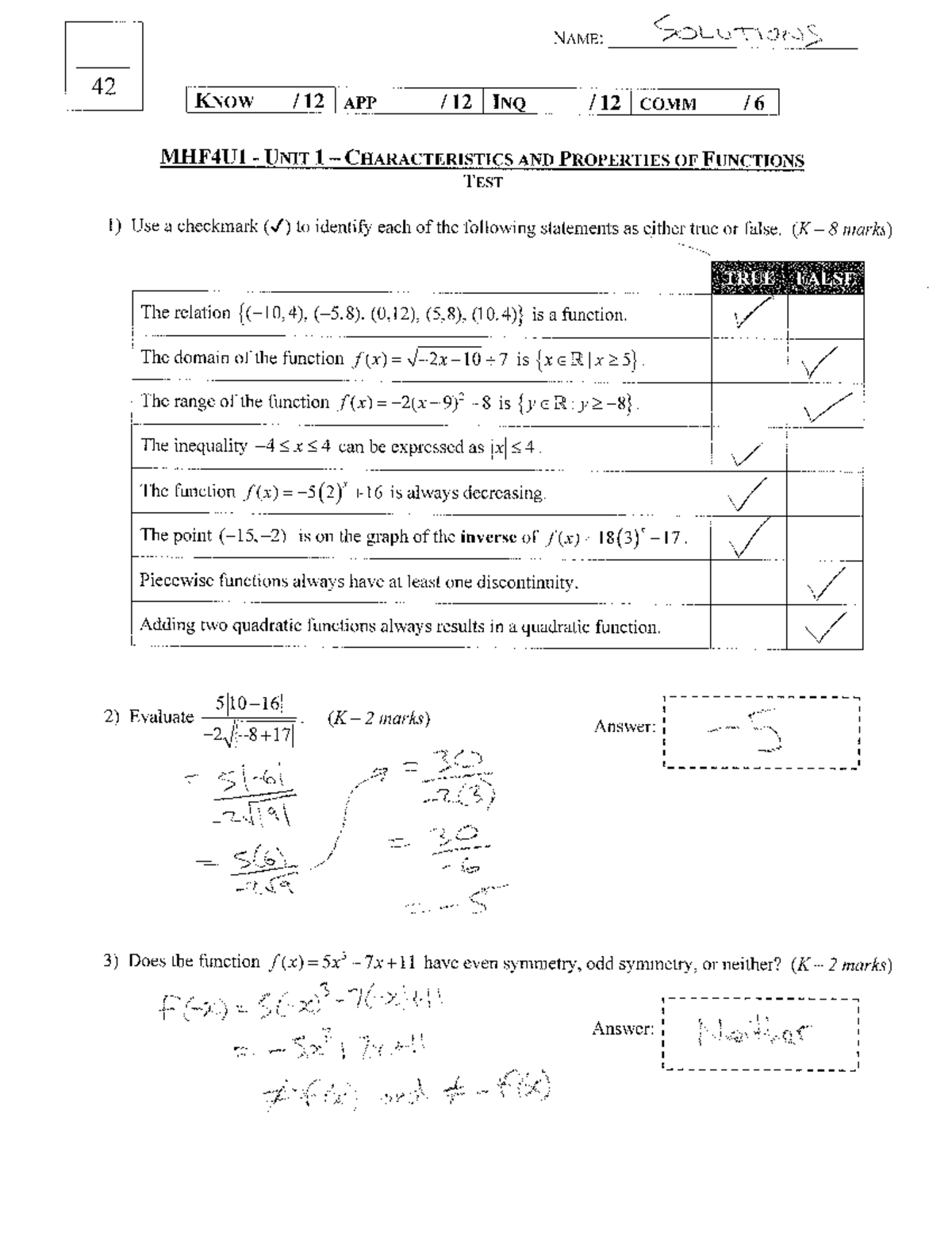 Unit 1 MHF4U1 Properties of Functions - NAME: SOLUTIONS 42 KNOW APP INQ ...