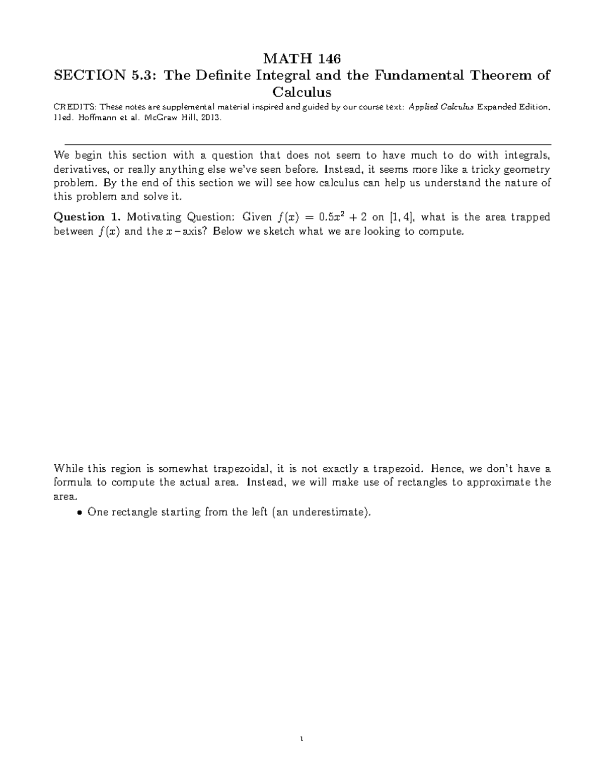 5.3 lecture note - MATH 146 SECTION 5: The Definite Integral and the ...