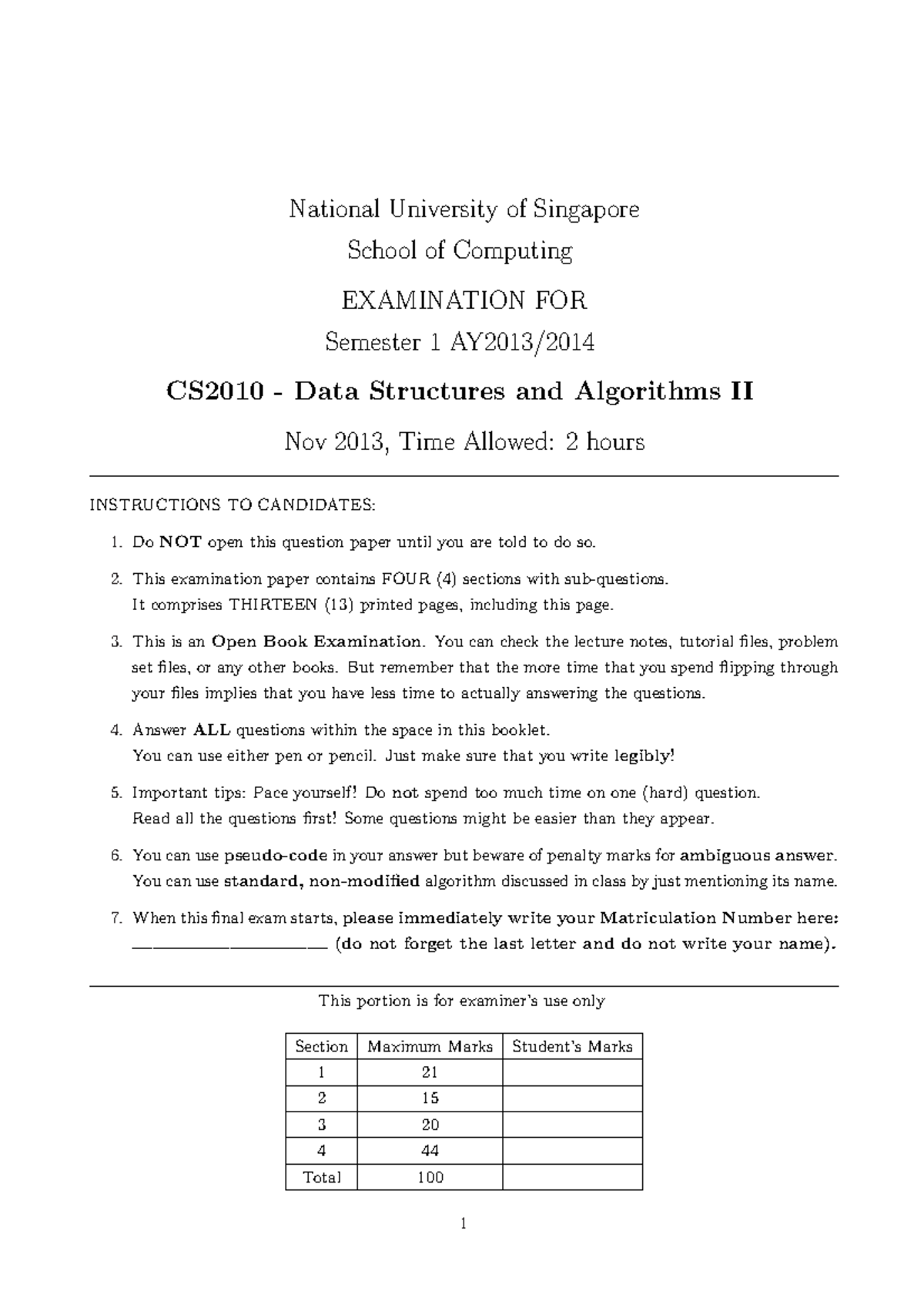 Final 2012, questions - National University of Singapore School of ...