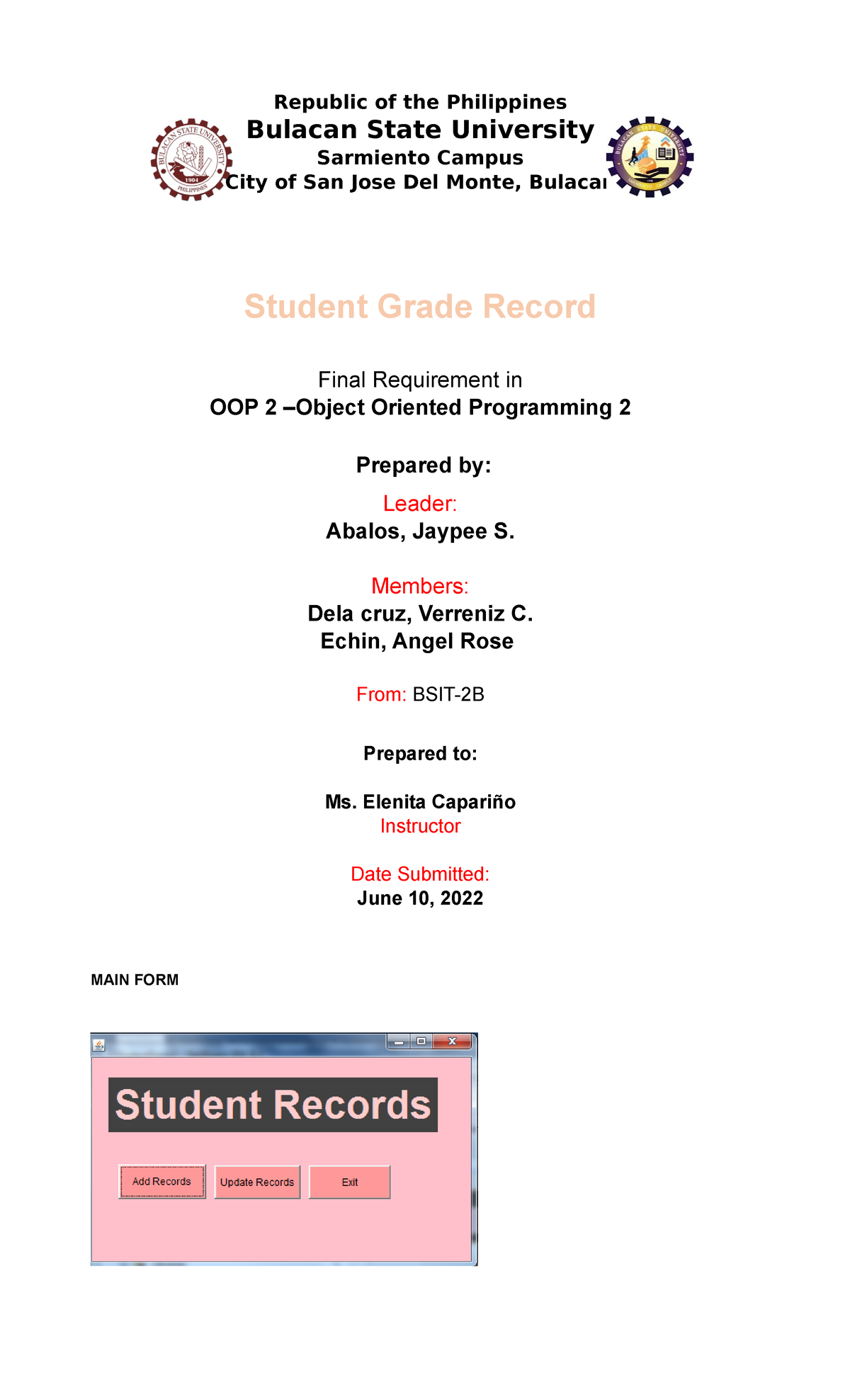 Final-Requirement-OOP2 - Republic of the Philippines Bulacan State University Sarmiento Campus ...