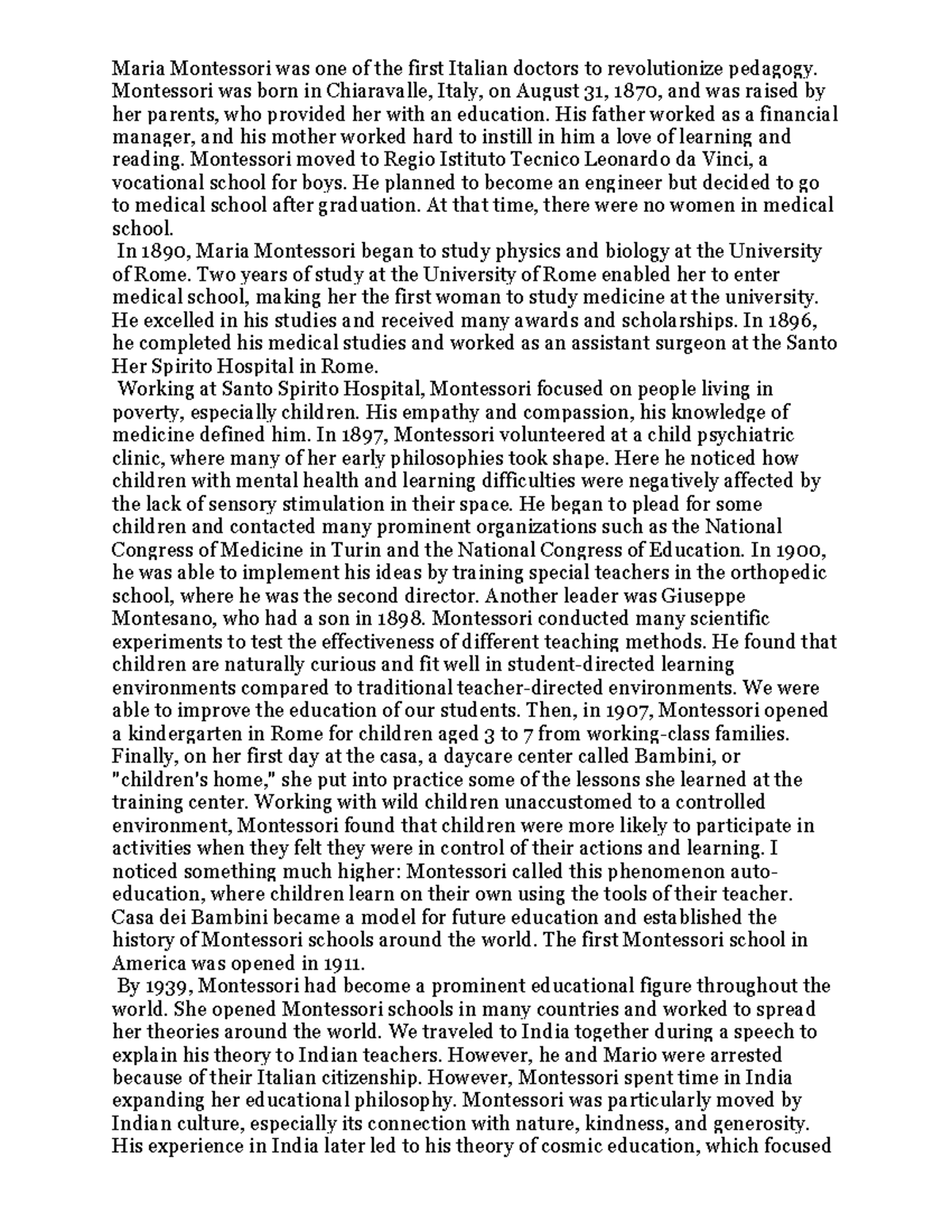 Maria Montessori - Montessori was born in Chiaravalle, Italy, on August ...