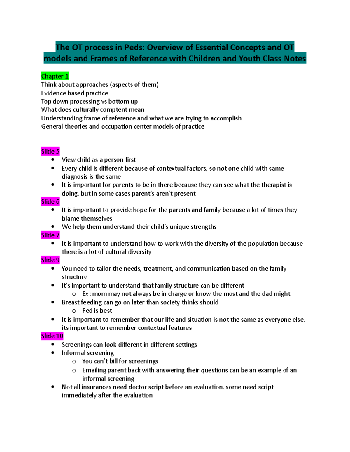 The OT process in Peds Class Notes - The OT process in Peds: Overview ...