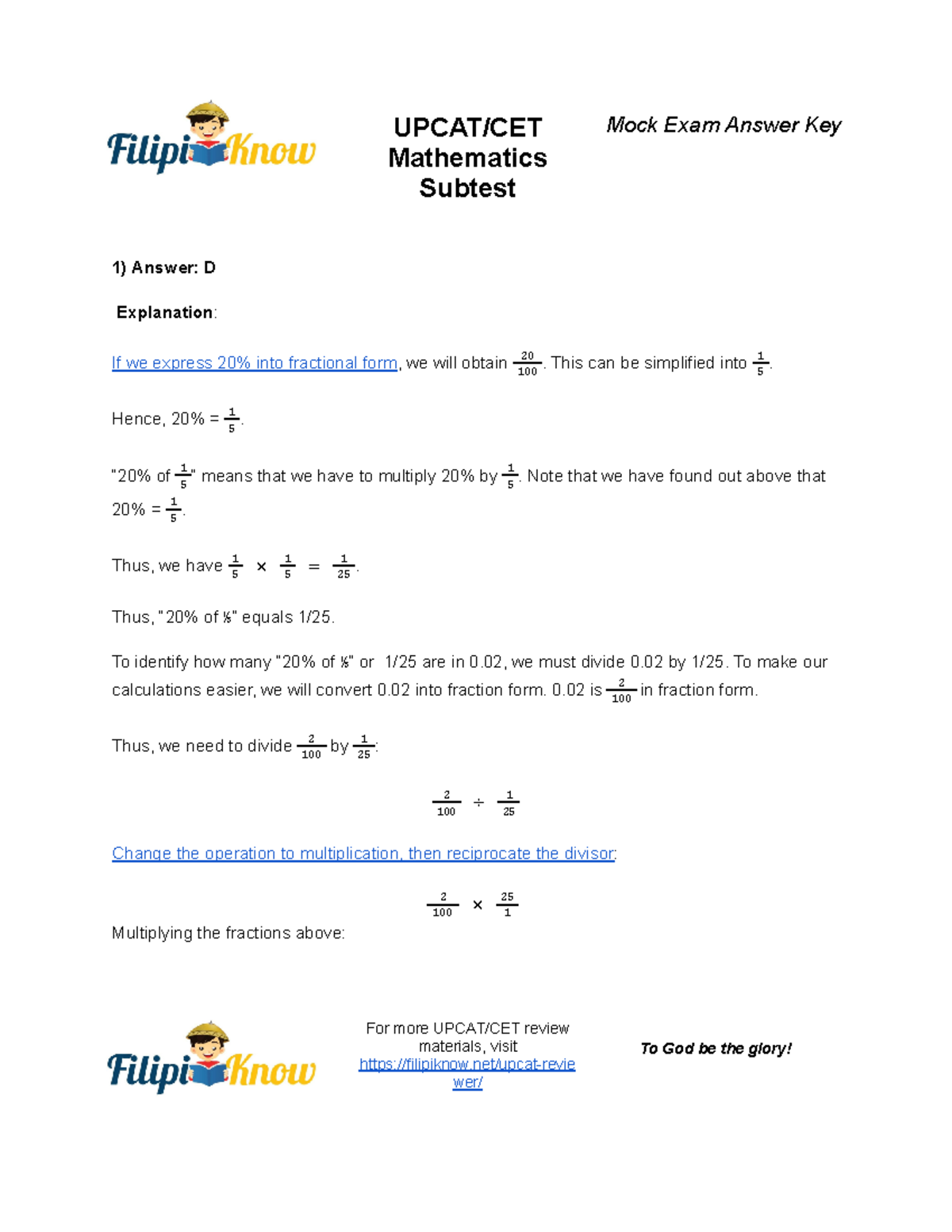Mock Test (credits to the owner) - UPCAT/CET Mathematics Subtest 1 ...