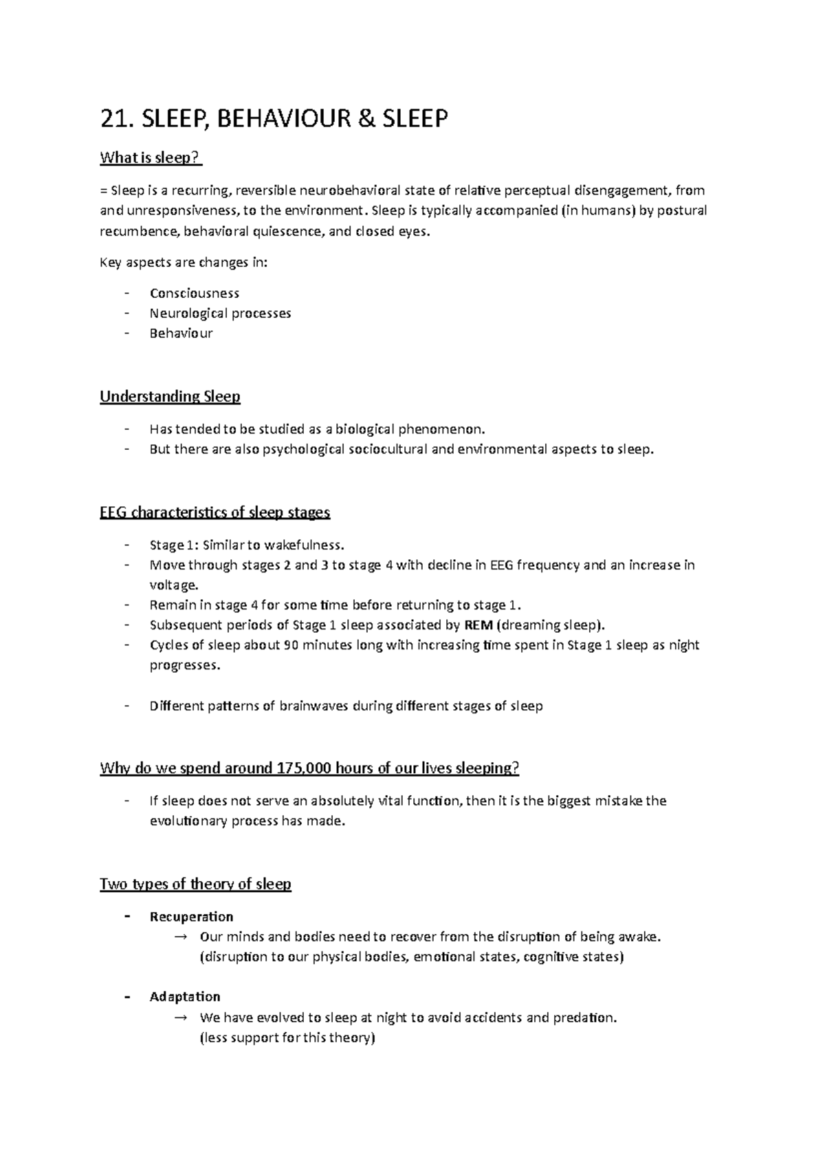 21. Sleep - Lecture notes 21 - PSYU9A4 - Stirling - Studocu