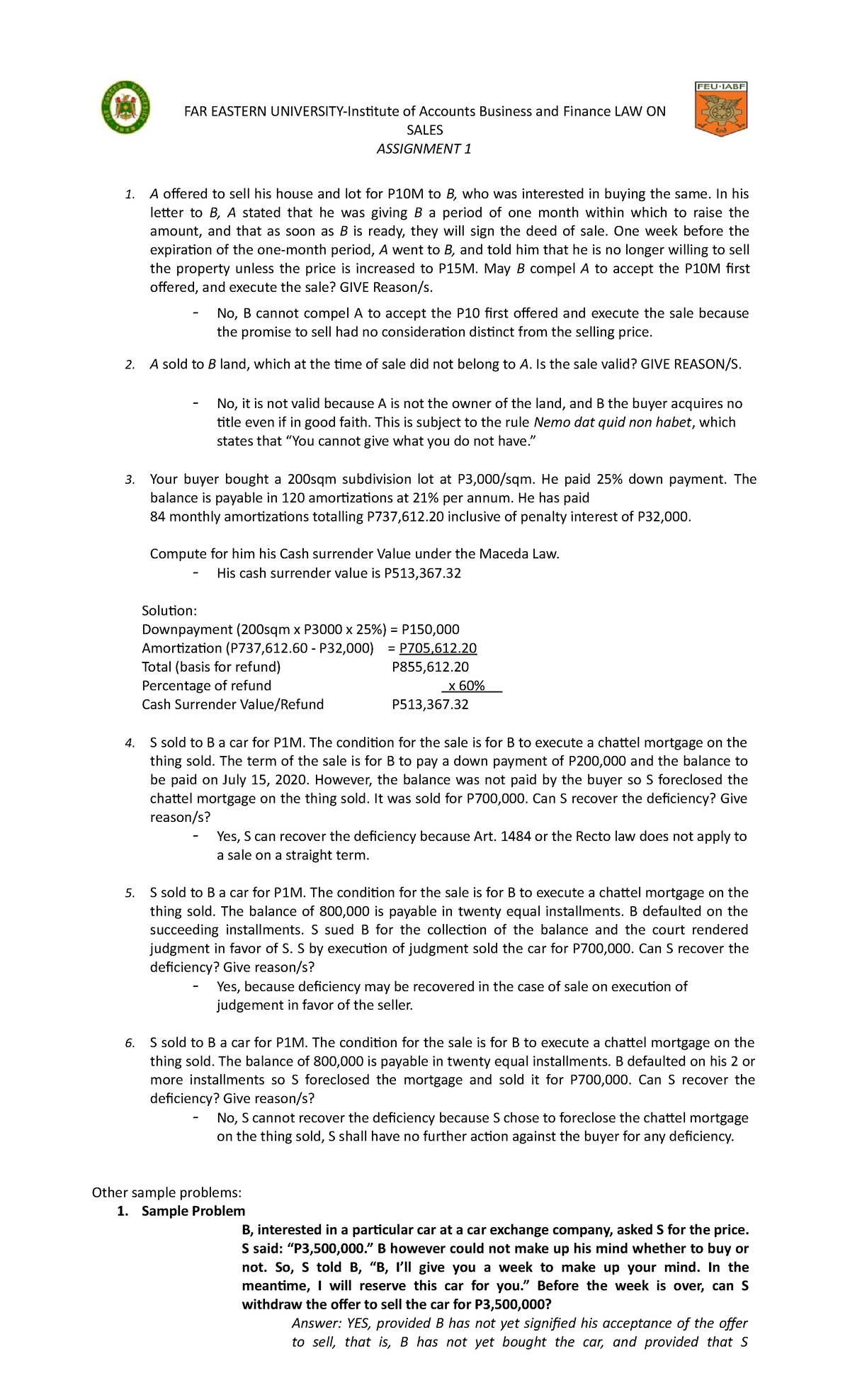 Assignment 1 - Law on Sales - FAR EASTERN UNIVERSITY-Institute of ...