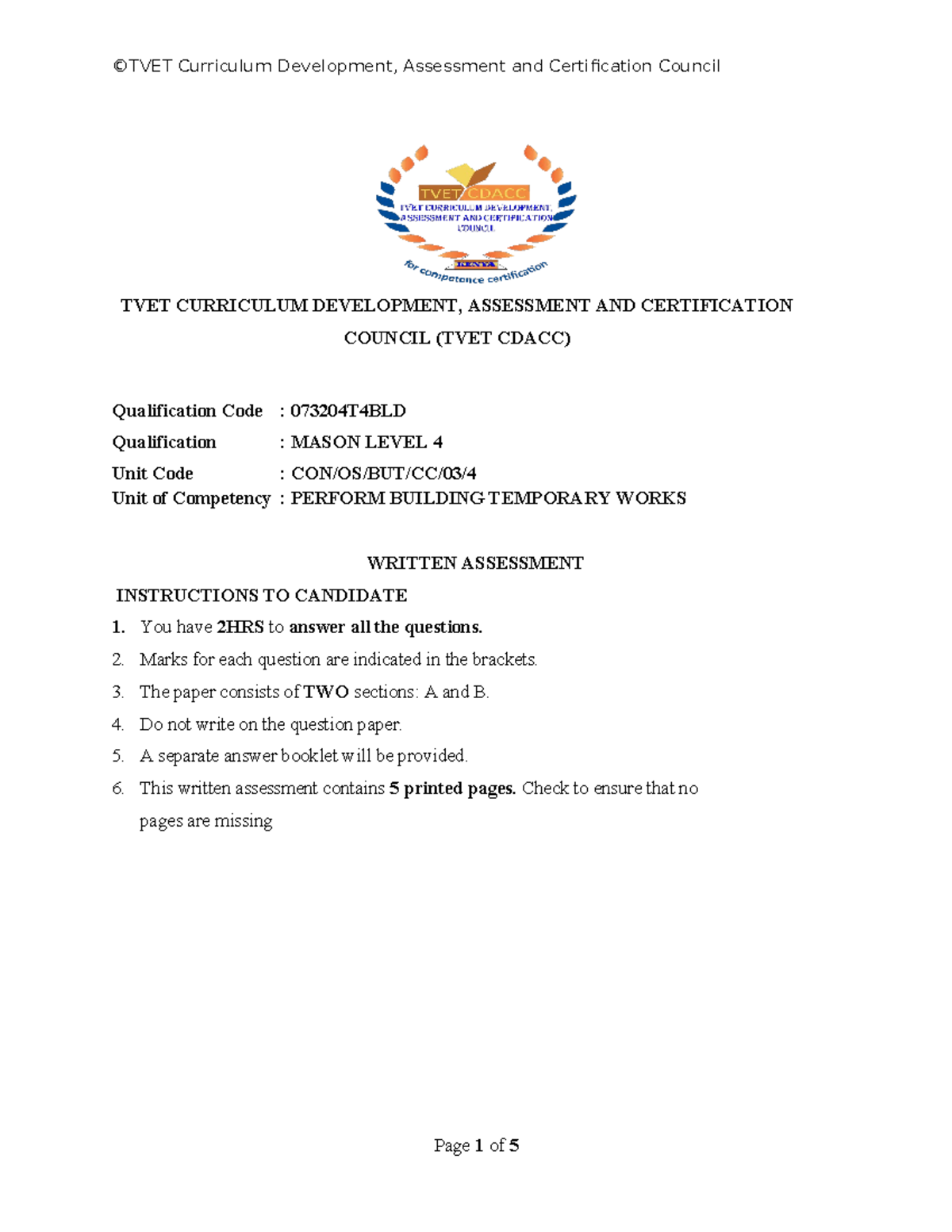 Candidate Written - TVET CURRICULUM DEVELOPMENT, ASSESSMENT AND ...