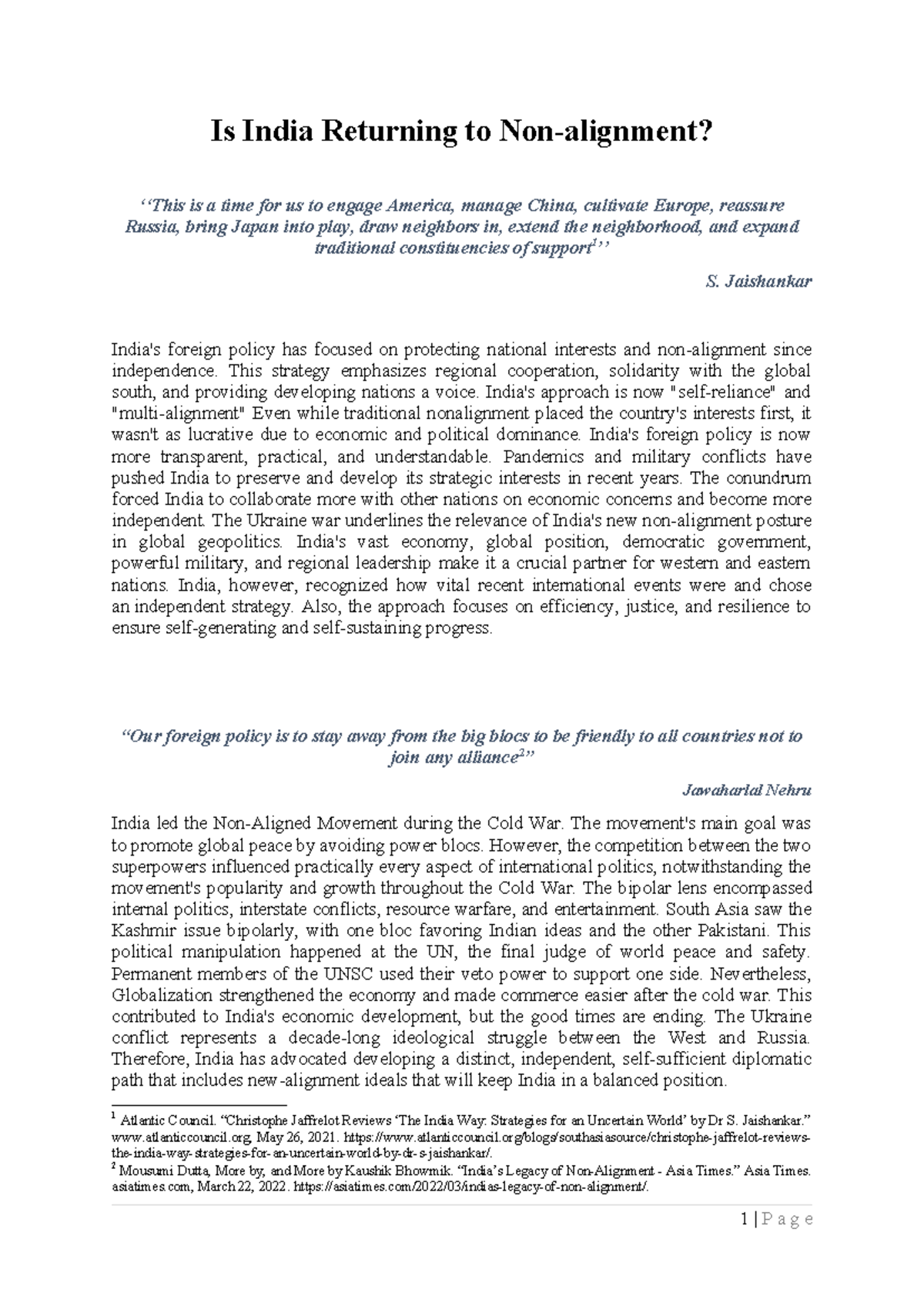 Is India Returningto Non-alignment - Is India Returning to Non ...