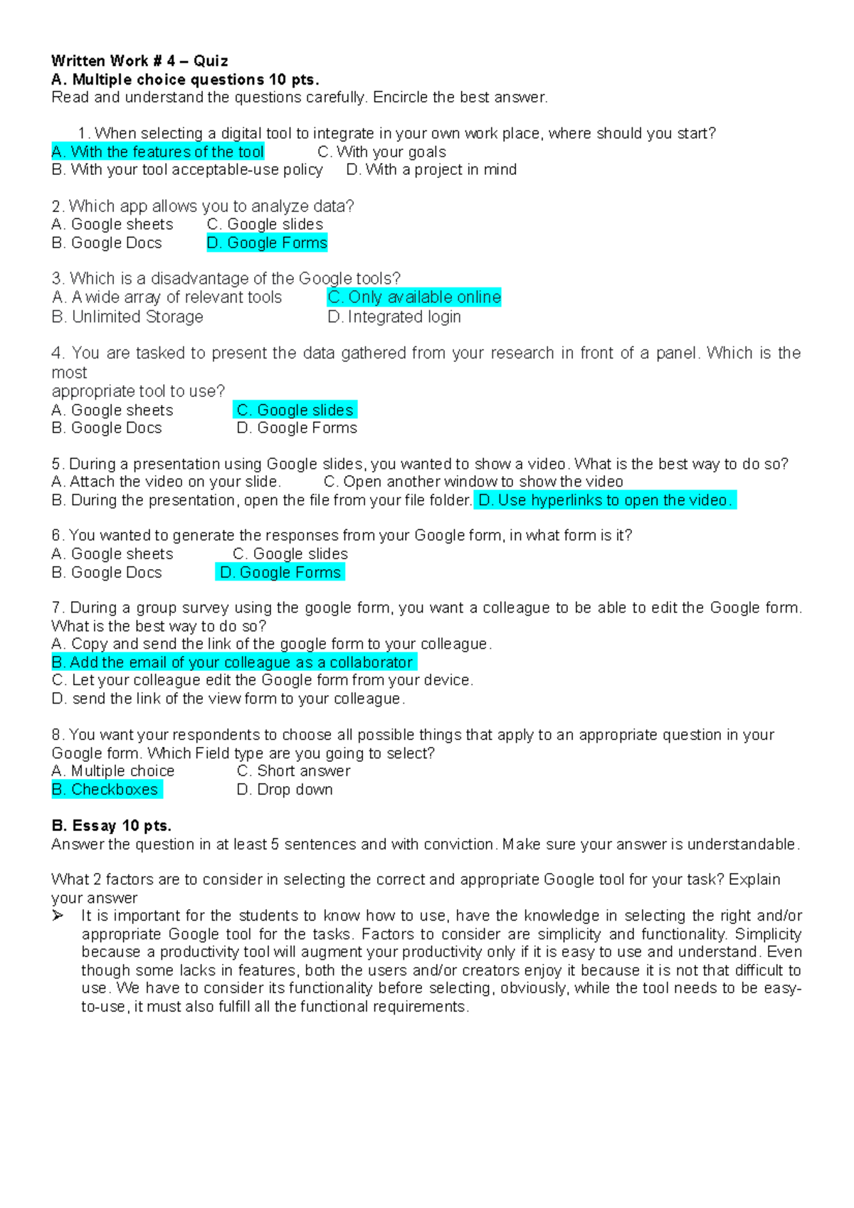 ICT 3 Written Work # 4 – Quiz - Written Work # 4 – Quiz A. Multiple ...