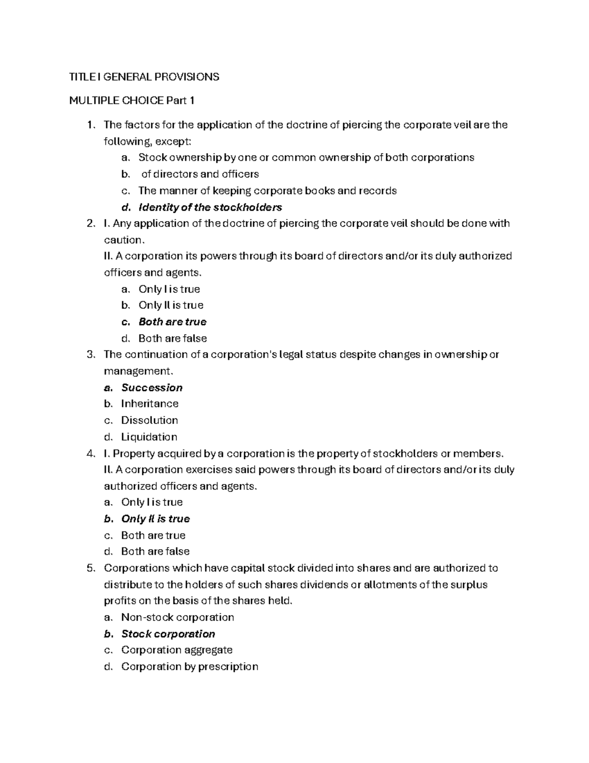 BLR - law corpo title 1 - TITLE I GENERAL PROVISIONS MULTIPLE CHOICE ...