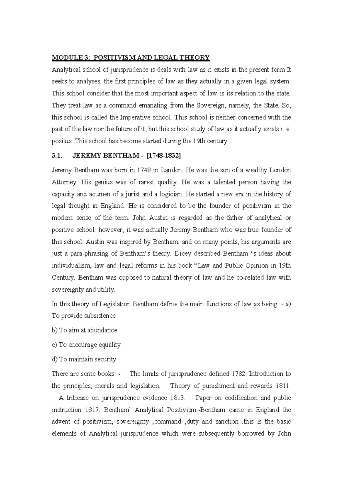 Modle 3 and 4 - MODULE 3: POSITIVISM AND LEGAL THEORY Analytical school ...