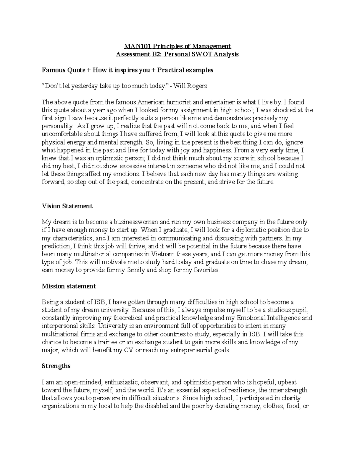 SWOT Essay - Grade: B - MAN101 Principles of Management Assessment B2 ...