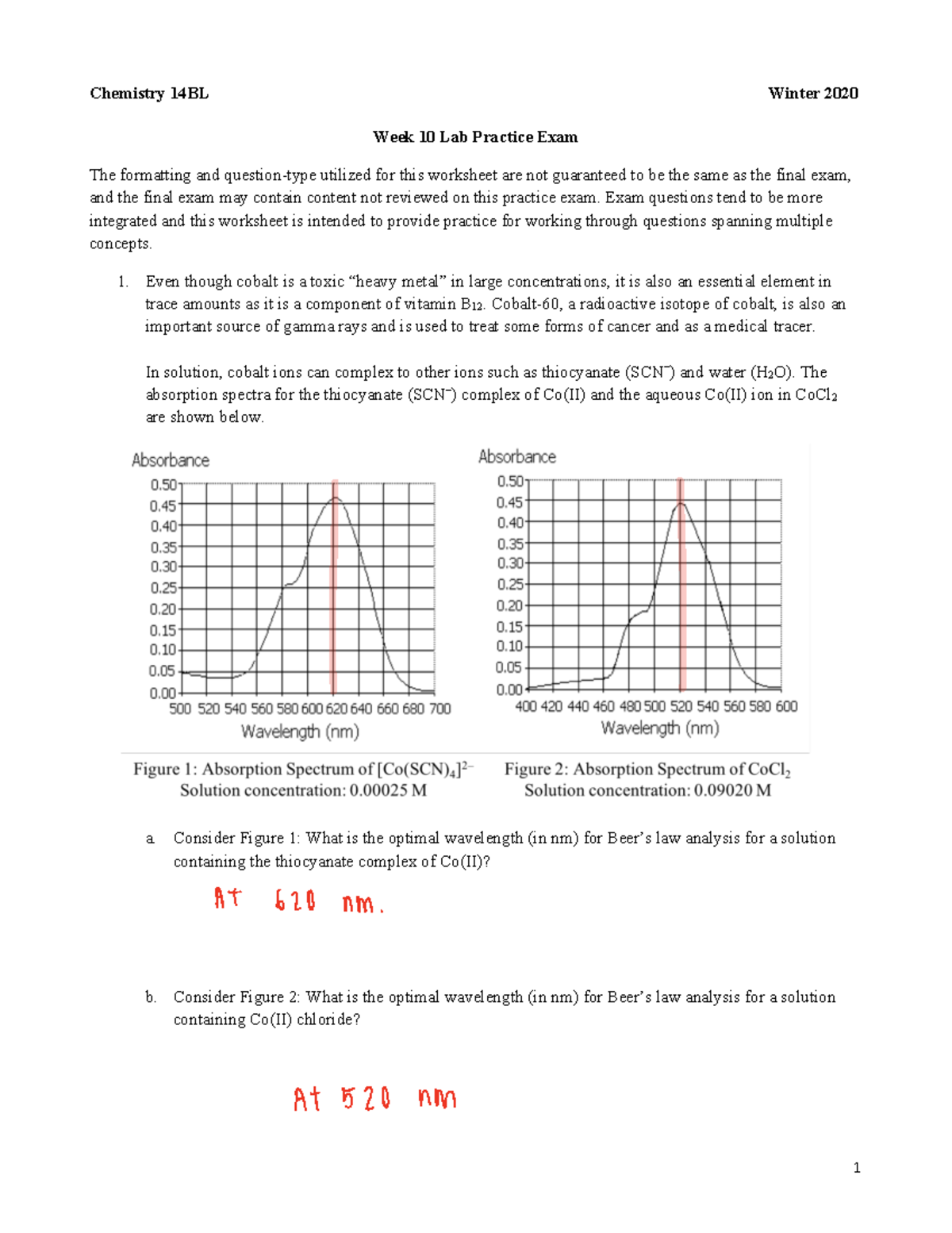 10th week exam practice questions Student - Chemistry 14BL Winter 2020 ...