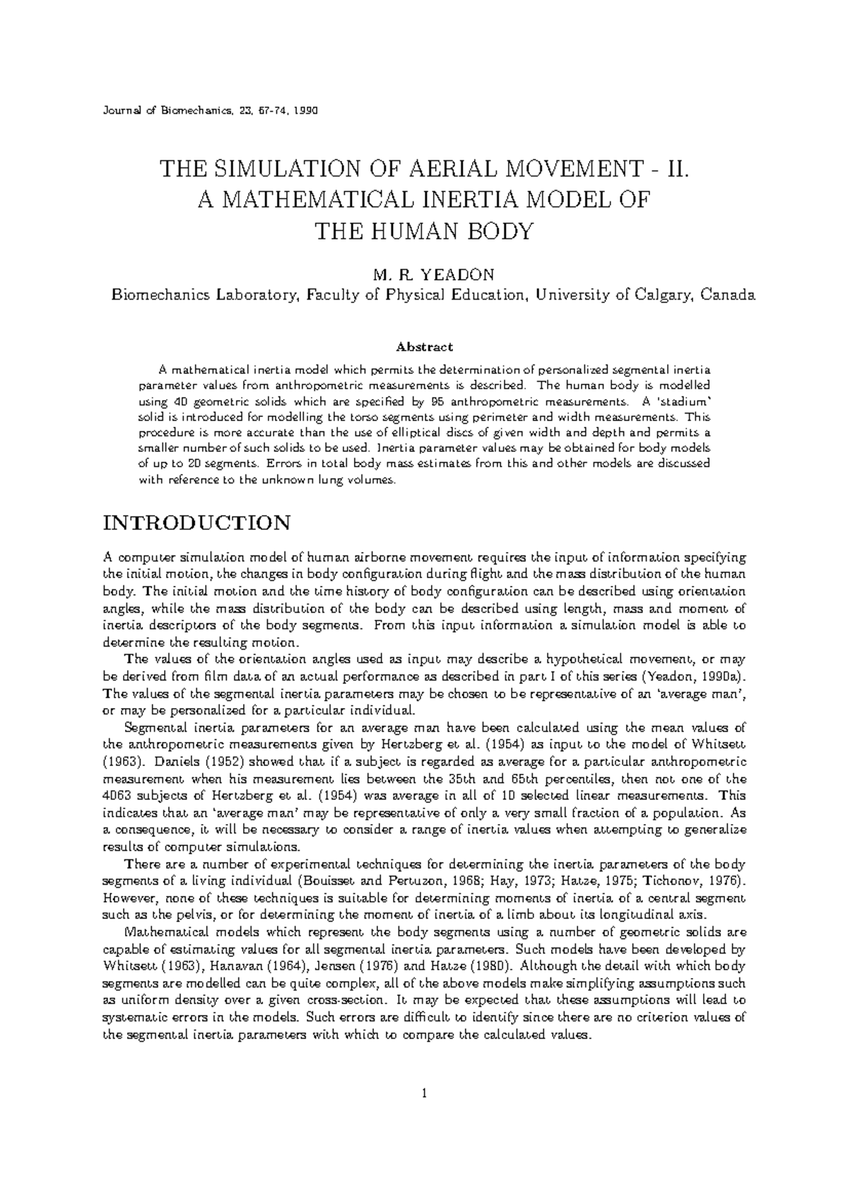 A Mathematical Inertia Model OF THE Human BODY - Journal of ...