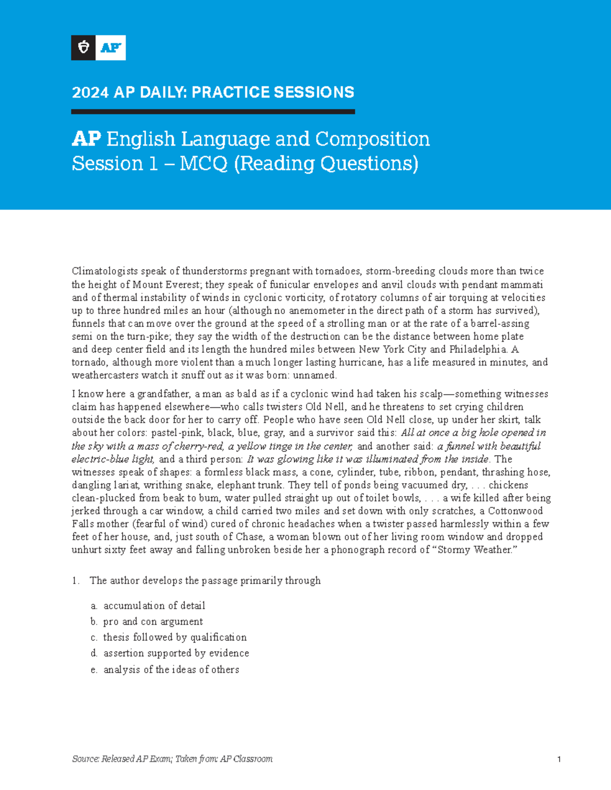 AP English Language and Composition Session 1 Worksheet - Source ...