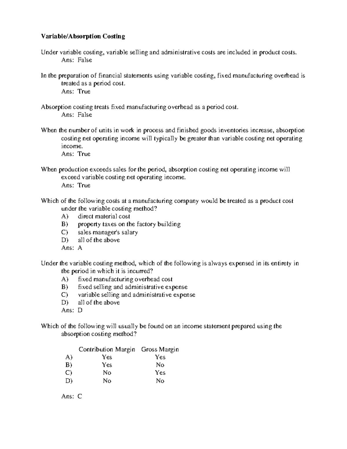 Quiz in Variable, Absorption Costing with solutions - Variable/Absorption Costing Under variable ...