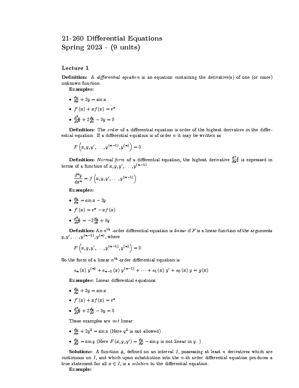Lecture 1 - defeq flaherty - 21-260 Di§erential Equations Spring 2023 - (9 units) Lecture 1 ...