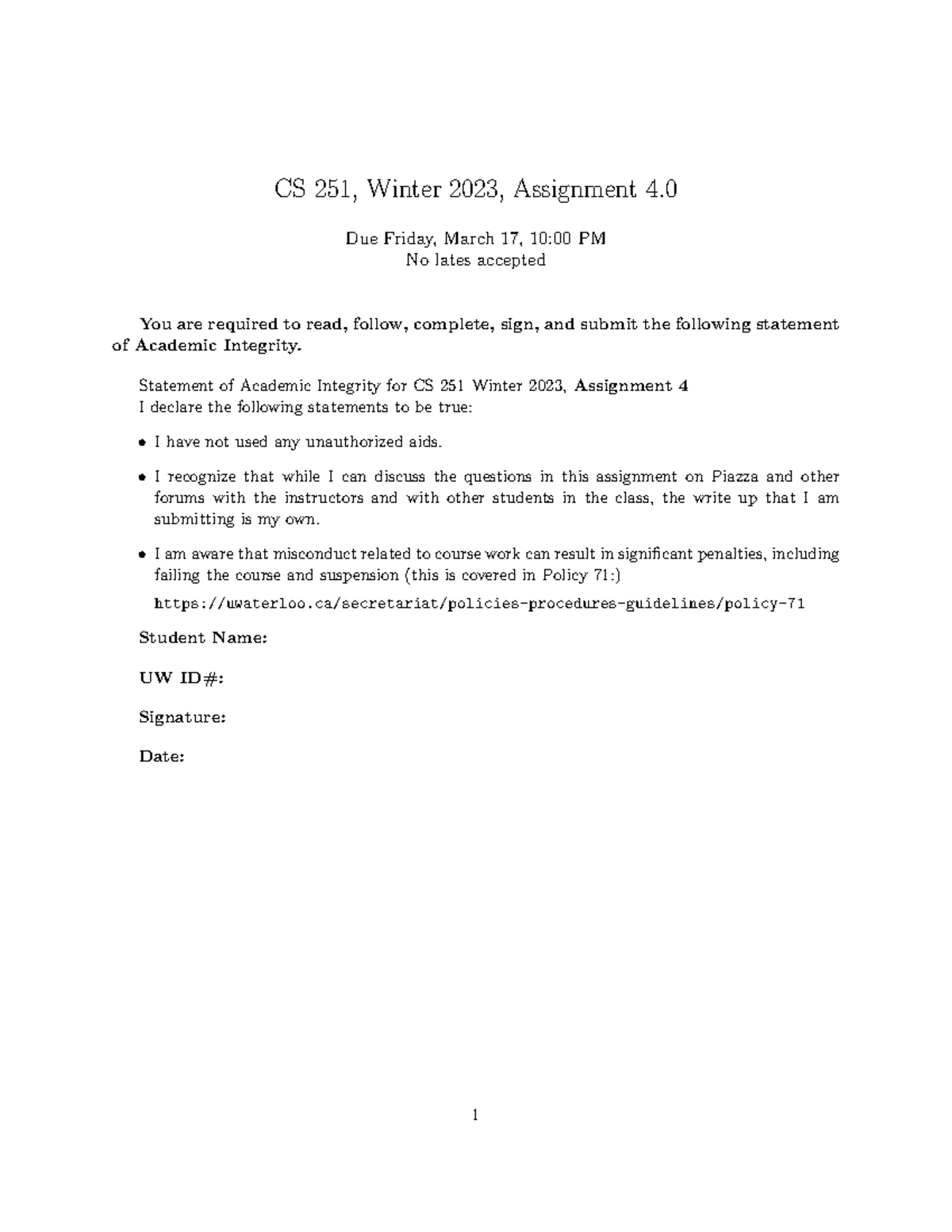 A4 - w23 past assignment - CS 251, Winter 2023, Assignment 4. Due Friday, March 17, 10:00 PM No ...