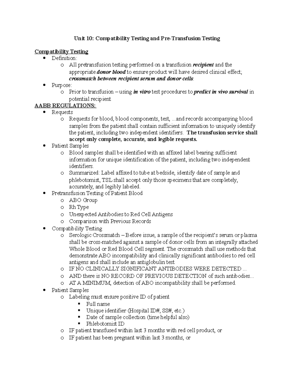 Unit 10 - N/A - Unit 10: Compatibility Testing and Pre-Transfusion ...