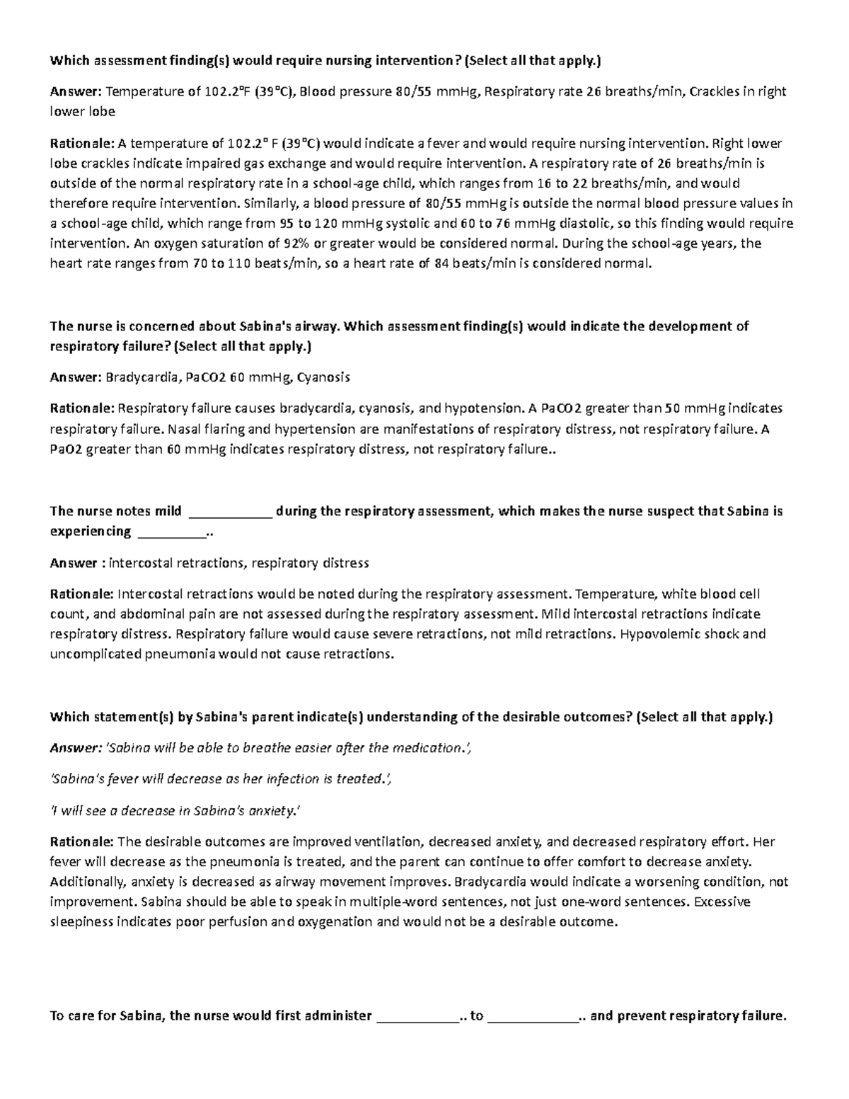 Sabina Vasquez Post Quiz - Which assessment finding(s) would require ...