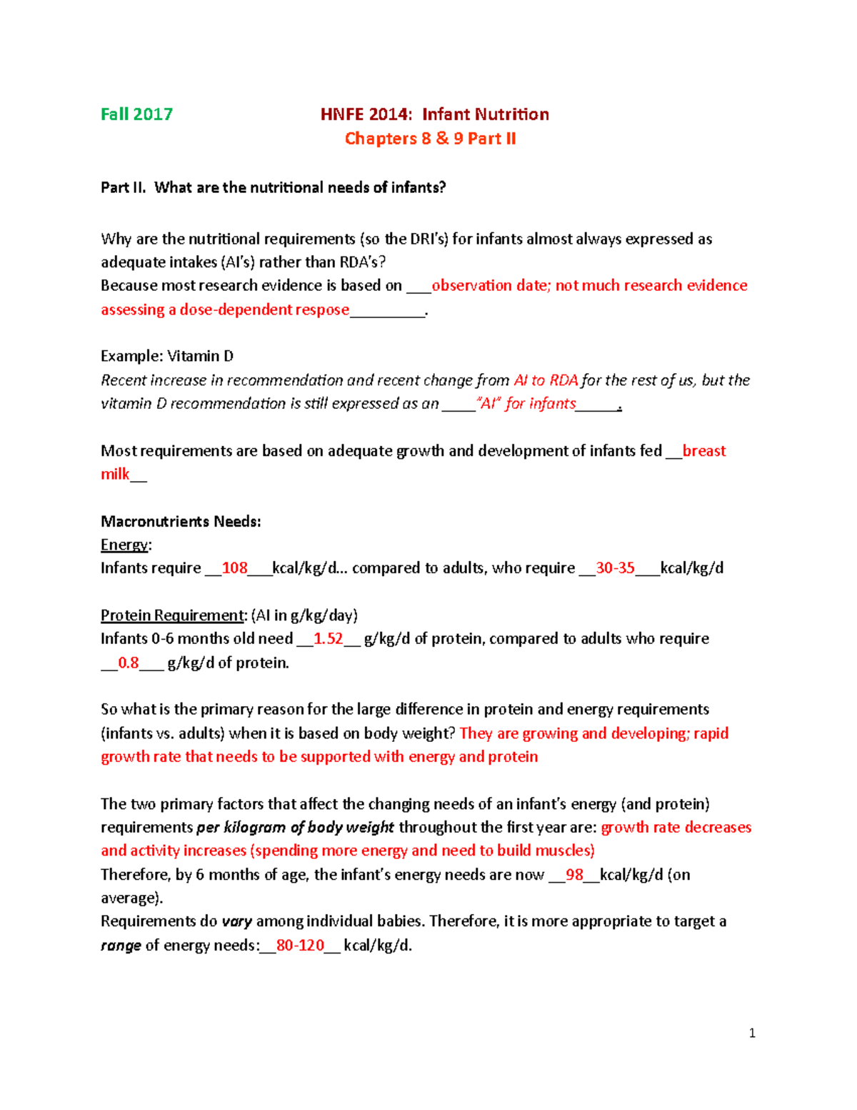 8,9 Part II Infant Nutrition Note Guide Fall 2017 - Fall 2017 HNFE 2014 ...