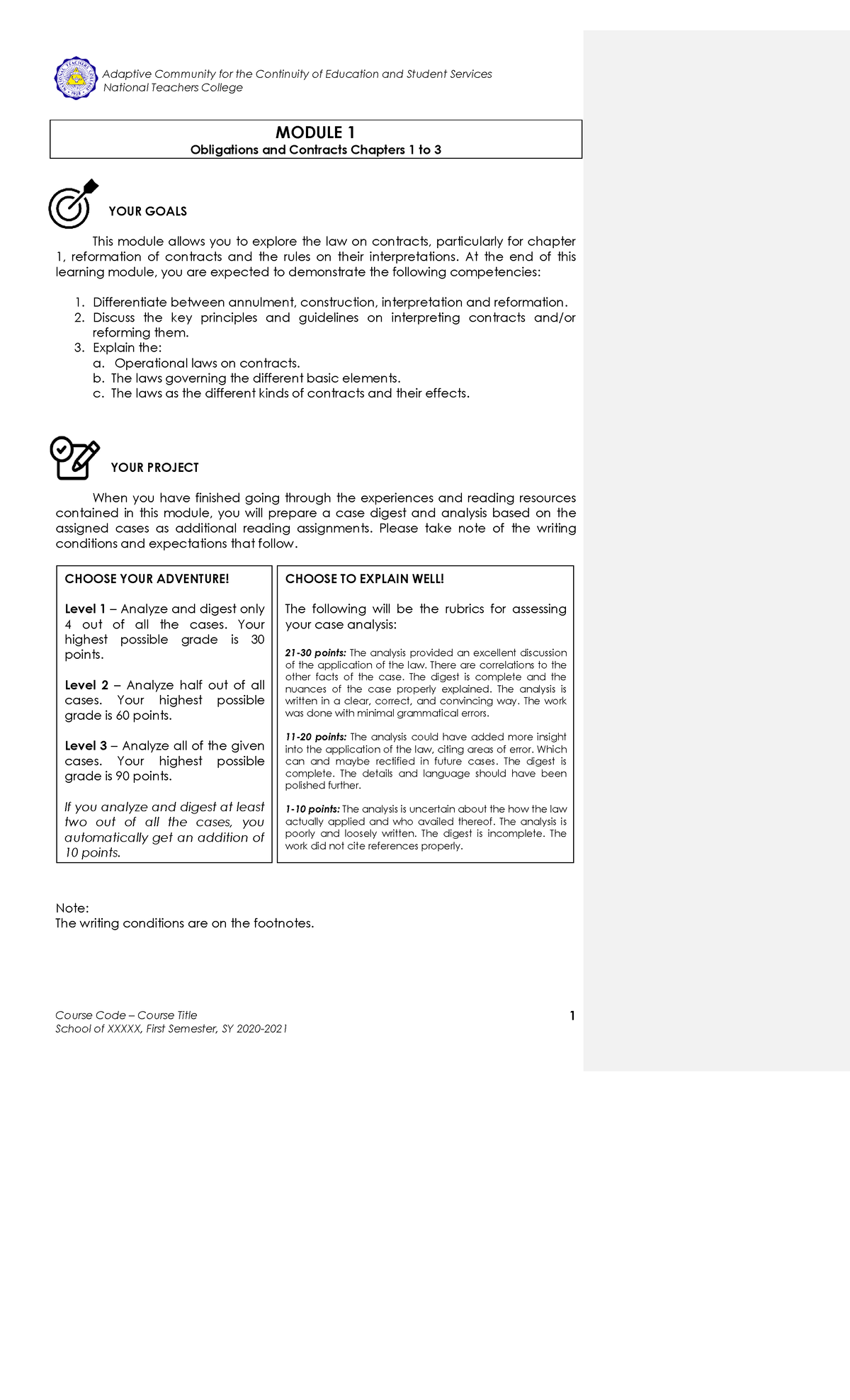 LAW Oblicon Module 1 - LECTURE AND TUTORIAL NOTES - National Teachers ...