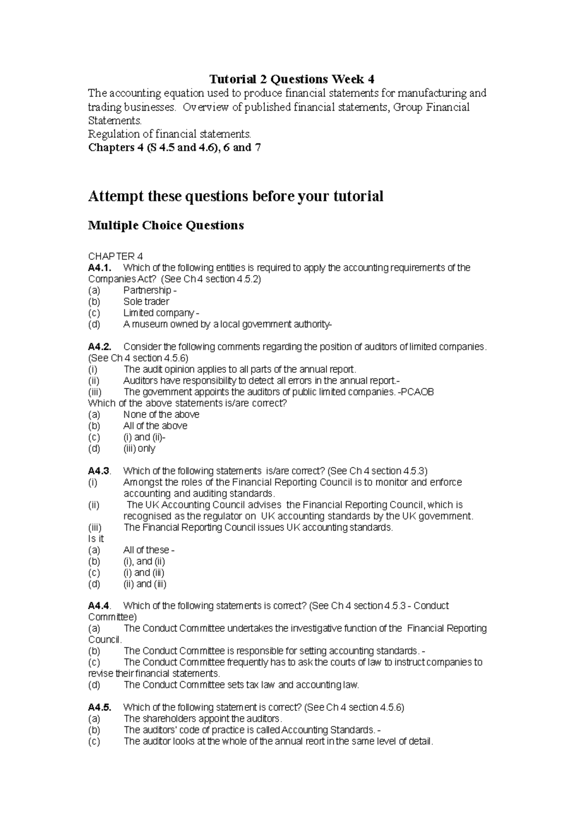 Accounting tutorial week 4 questions - Tutorial 2 Questions Week 4 The ...