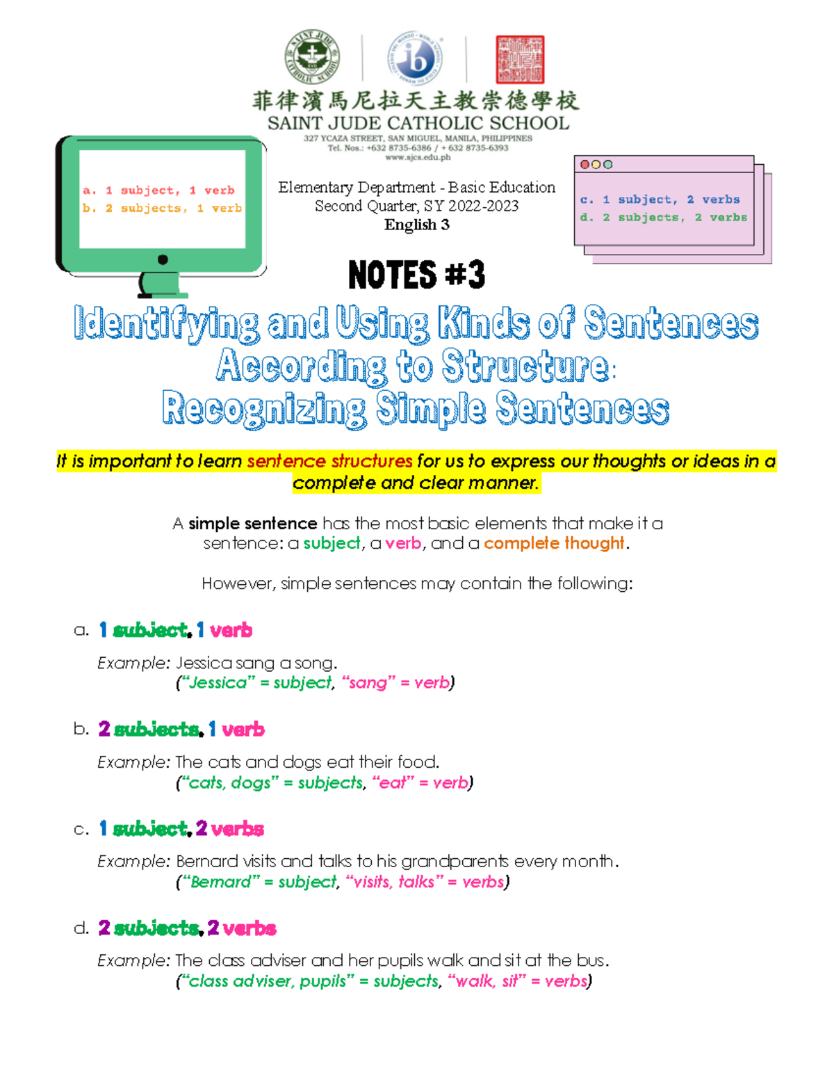 Notes 3 Recognizing Simple Sentences - Elementary Department - Basic ...