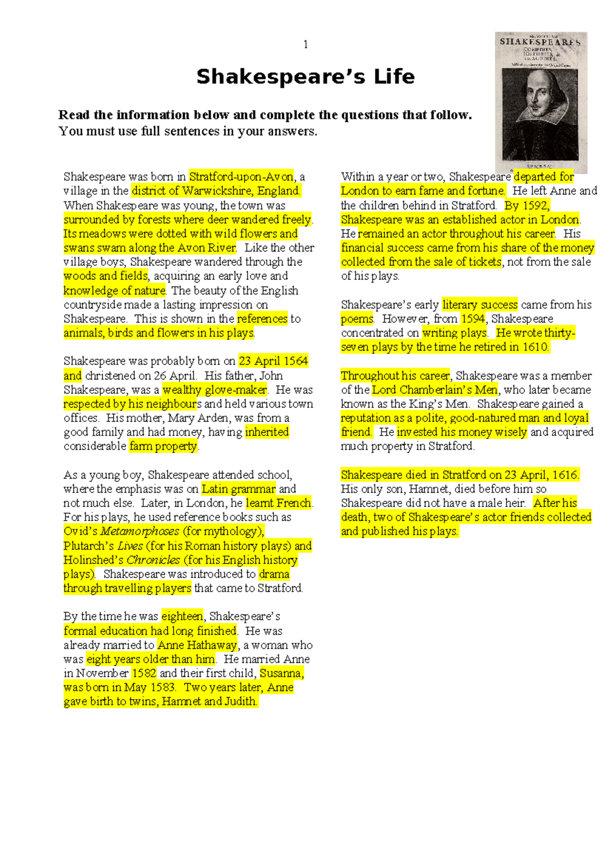 Shakespeare's Life Information and Questions - 1 Shakespeare’s Life ...