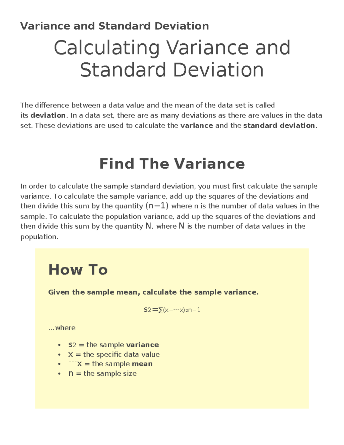 Notes Variance and Standard Deviation - Variance and Standard Deviation ...