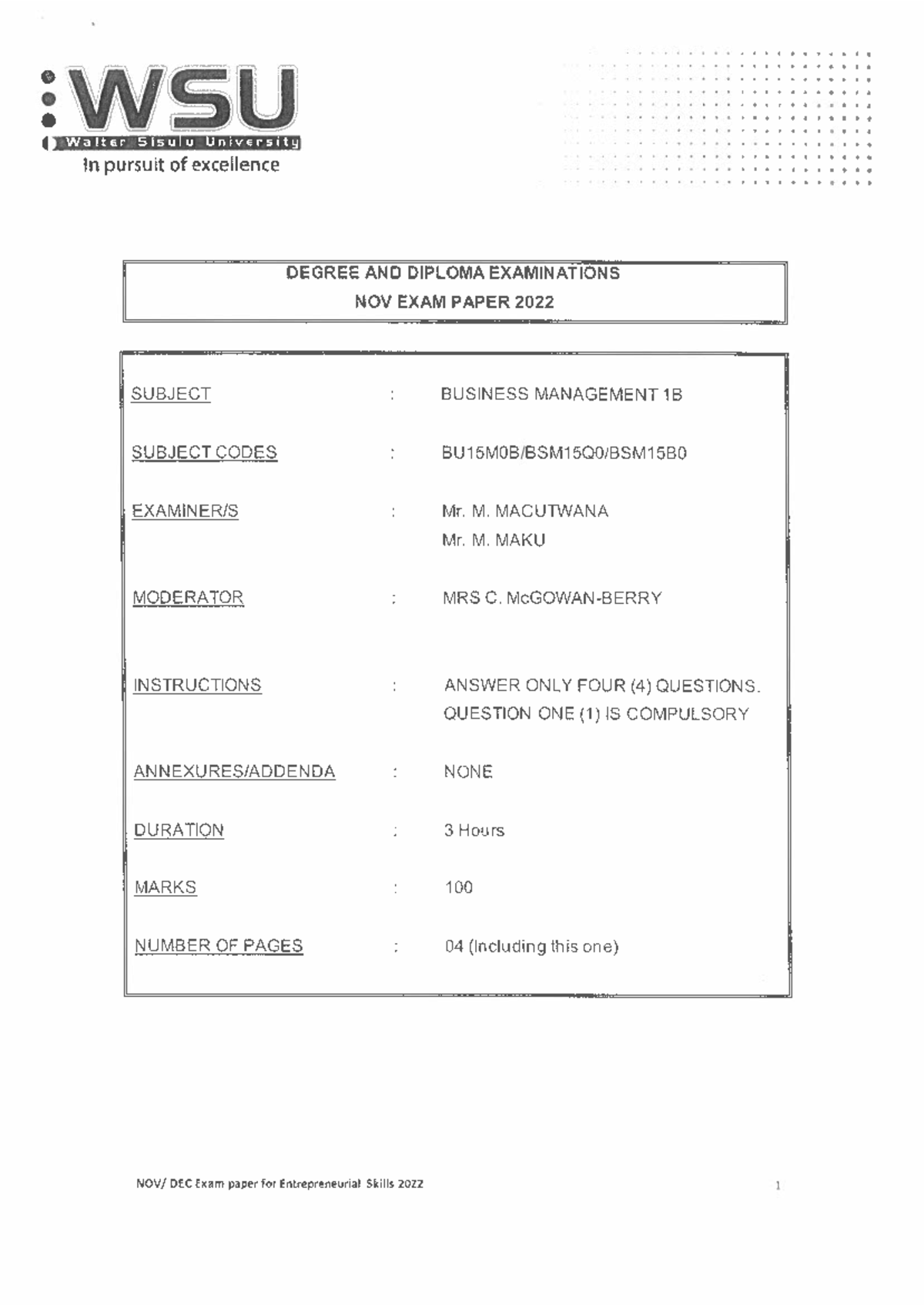 Business Management 1B - WSU Walter Sisulu University In pursuit of ...