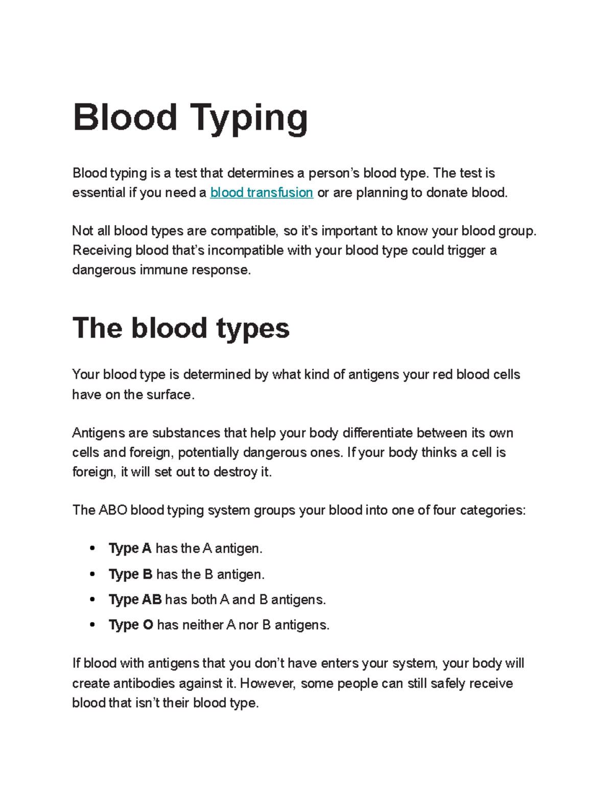 Blood Typing - Blood Typing Blood typing is a test that determines a ...