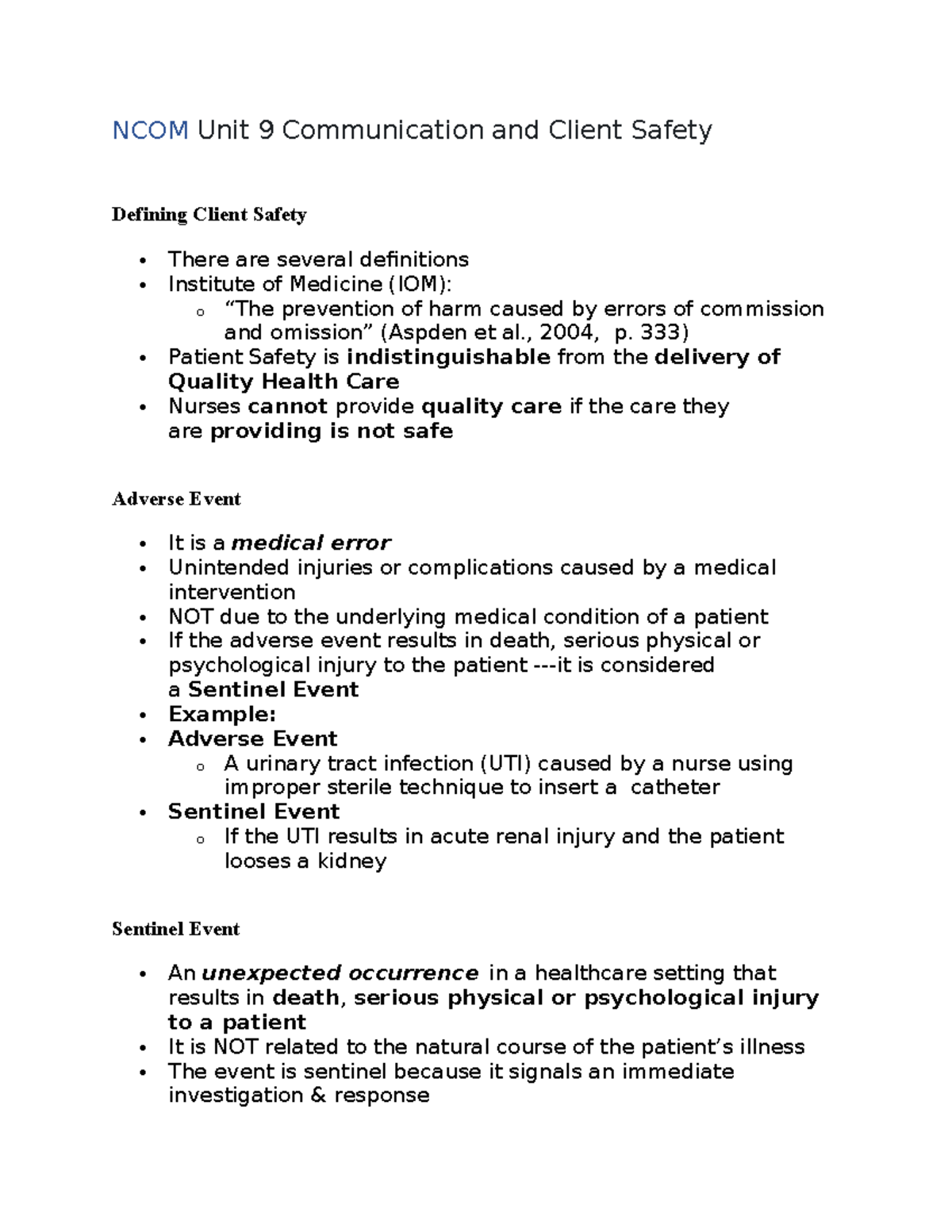 Unit 9 Communication and Client Safety - NCOM Unit 9 Communication and ...