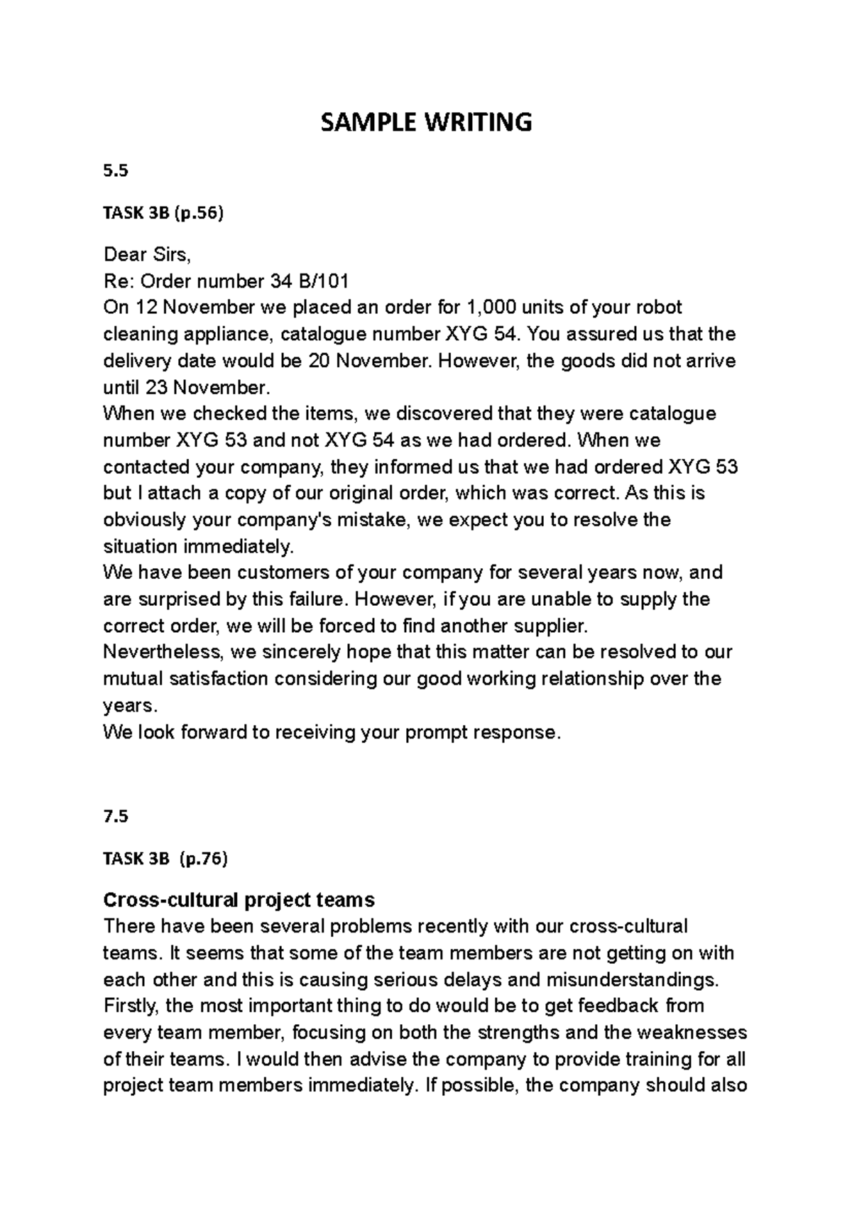 Writing Sample - SAMPLE WRITING 5. TASK 3B (p) Dear Sirs, Re: Order ...