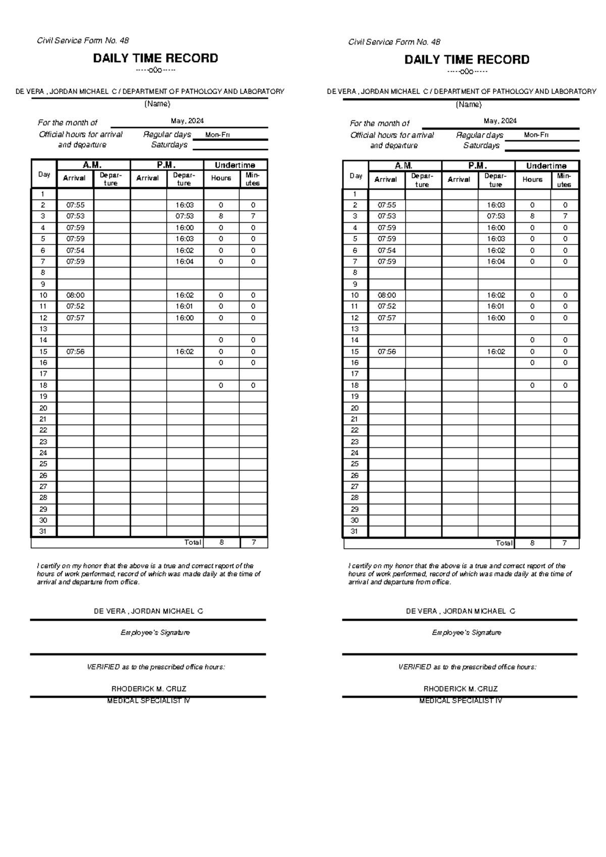 Daily Time Record Report - Civil Service Form No. 48 DAILY TIME RECORD ...