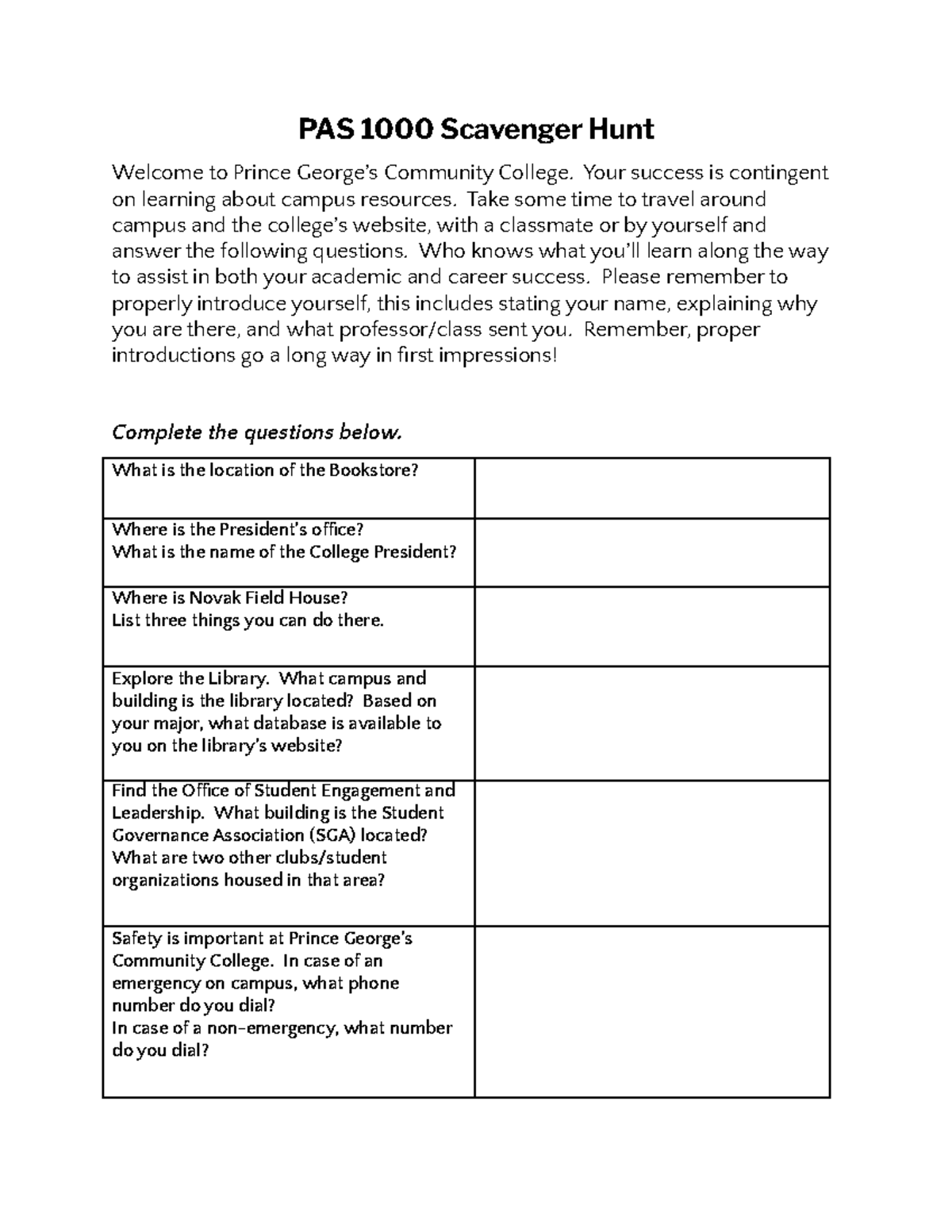 Scavenger Hunt learn about the school campus - PAS 1000 Scavenger Hunt ...