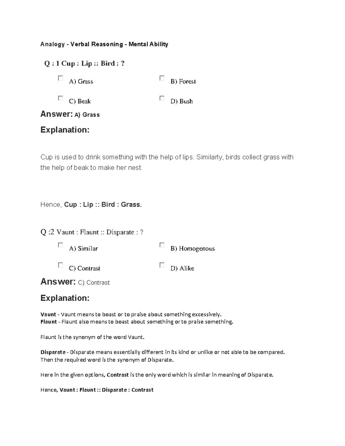 Analogy 8 - Analogy - Verbal Reasoning - Mental Ability Q : 1 Cup : Lip ...