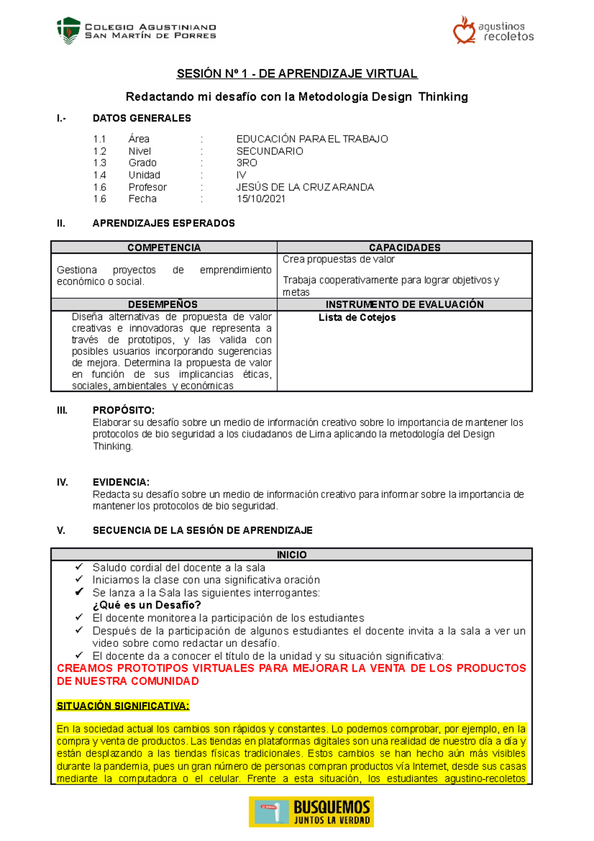 Sesión 1 3ro Ep Sesion De Aprendizaje De Ept Sesión Nº 1 De