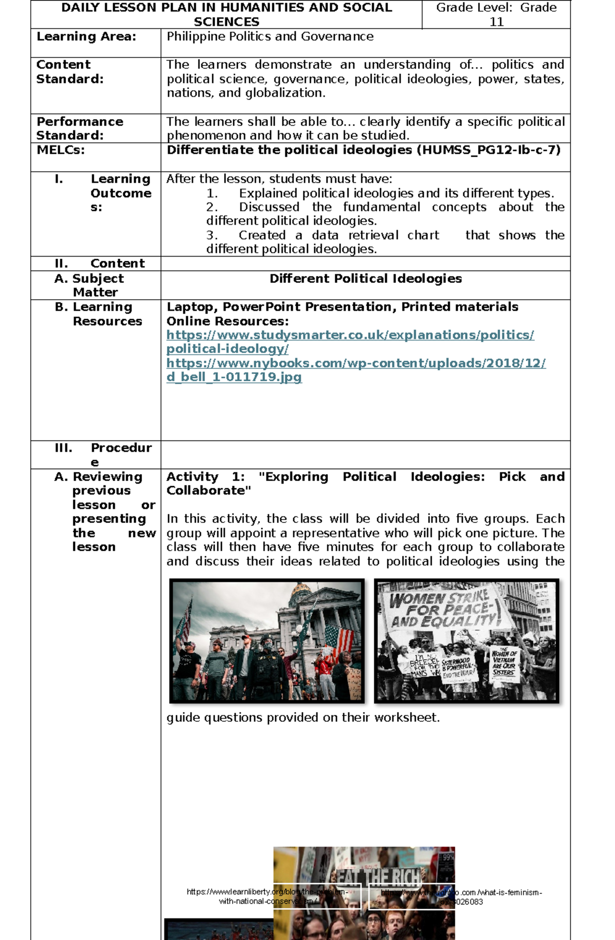 Daily Lesson PLAN IN Humanities AND Social Science final - DAILY LESSON ...