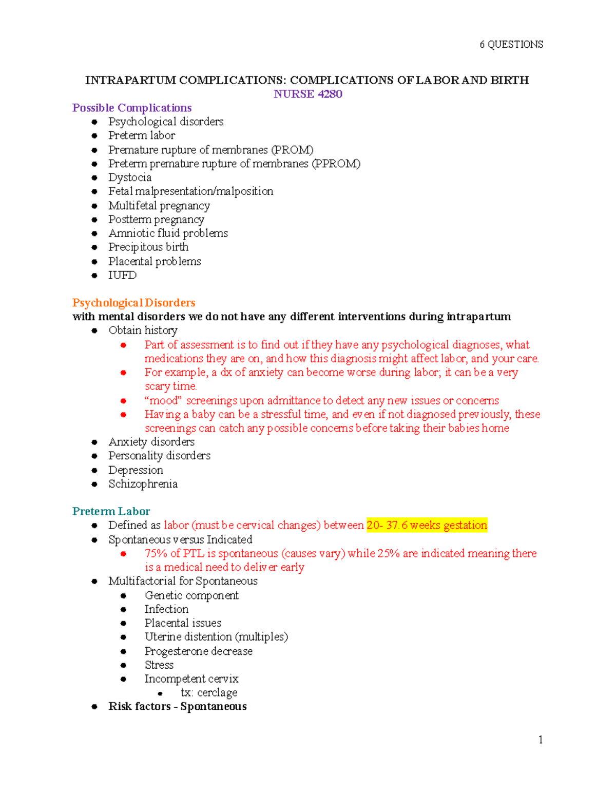 Intrapartum Complications Outline - INTRAPARTUM COMPLICATIONS ...