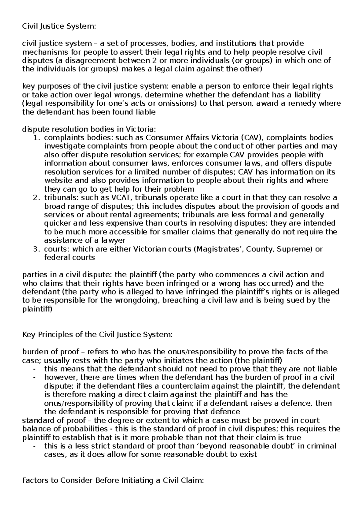 Legal Studies Unit 3 AOS 2 Part A Summary Notes - Civil Justice System ...