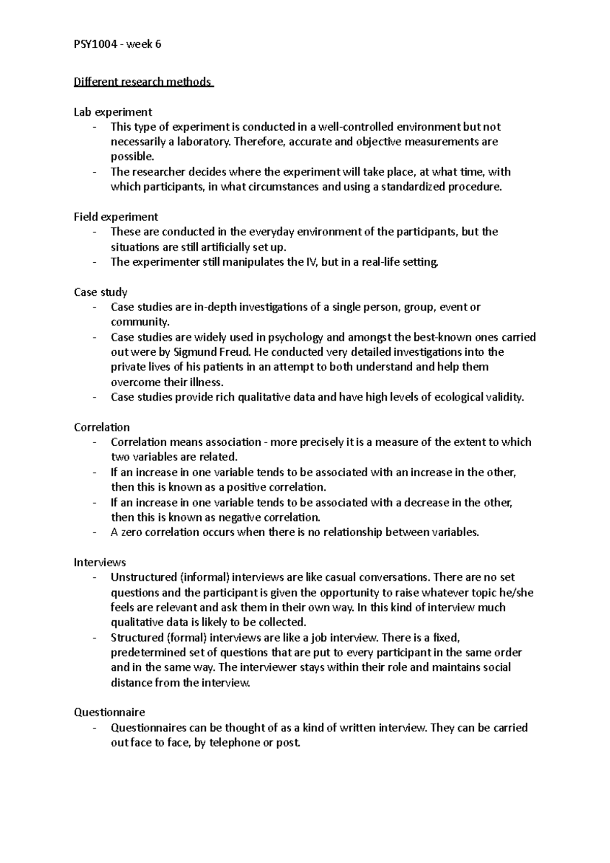 Freud week 6 - PSY1004 - week 6 Different research methods Lab ...