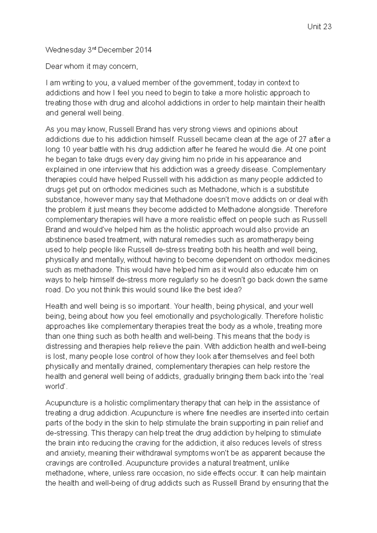 M3 d2 Vicky addiction letter - Unit 23 Wednesday 3rd December 2014 Dear ...