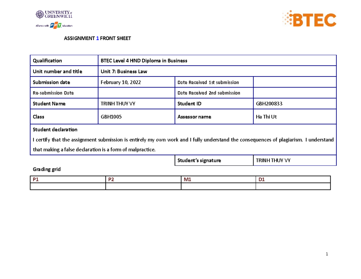 736 - Trinhthuyvy - GBH2008 33 - ASSIGNMENT 1 FRONT SHEET Qualification ...