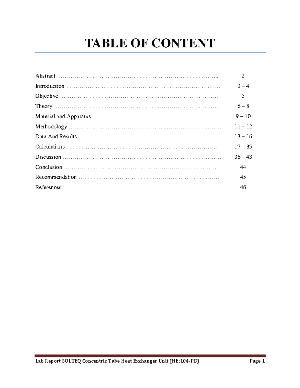 CHE245 Lab Report Solteq Concentric Tube - TABLE OF CONTENT Abstract ...