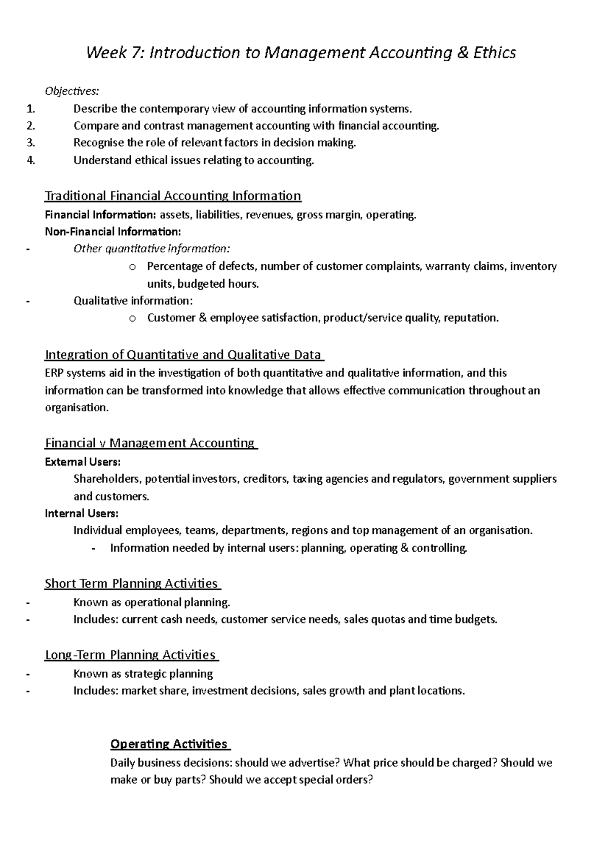Accounting Notes - Week 7: Introduction to Management Accounting ...
