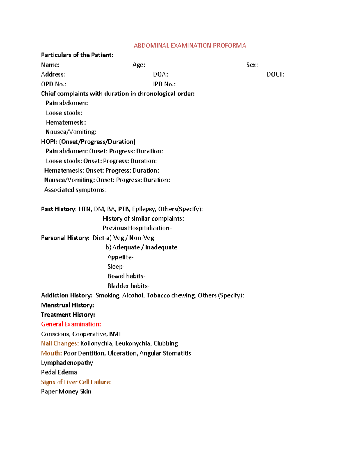 Abdominal Examination Proforma 1 - ABDOMINAL EXAMINATION PROFORMA ...