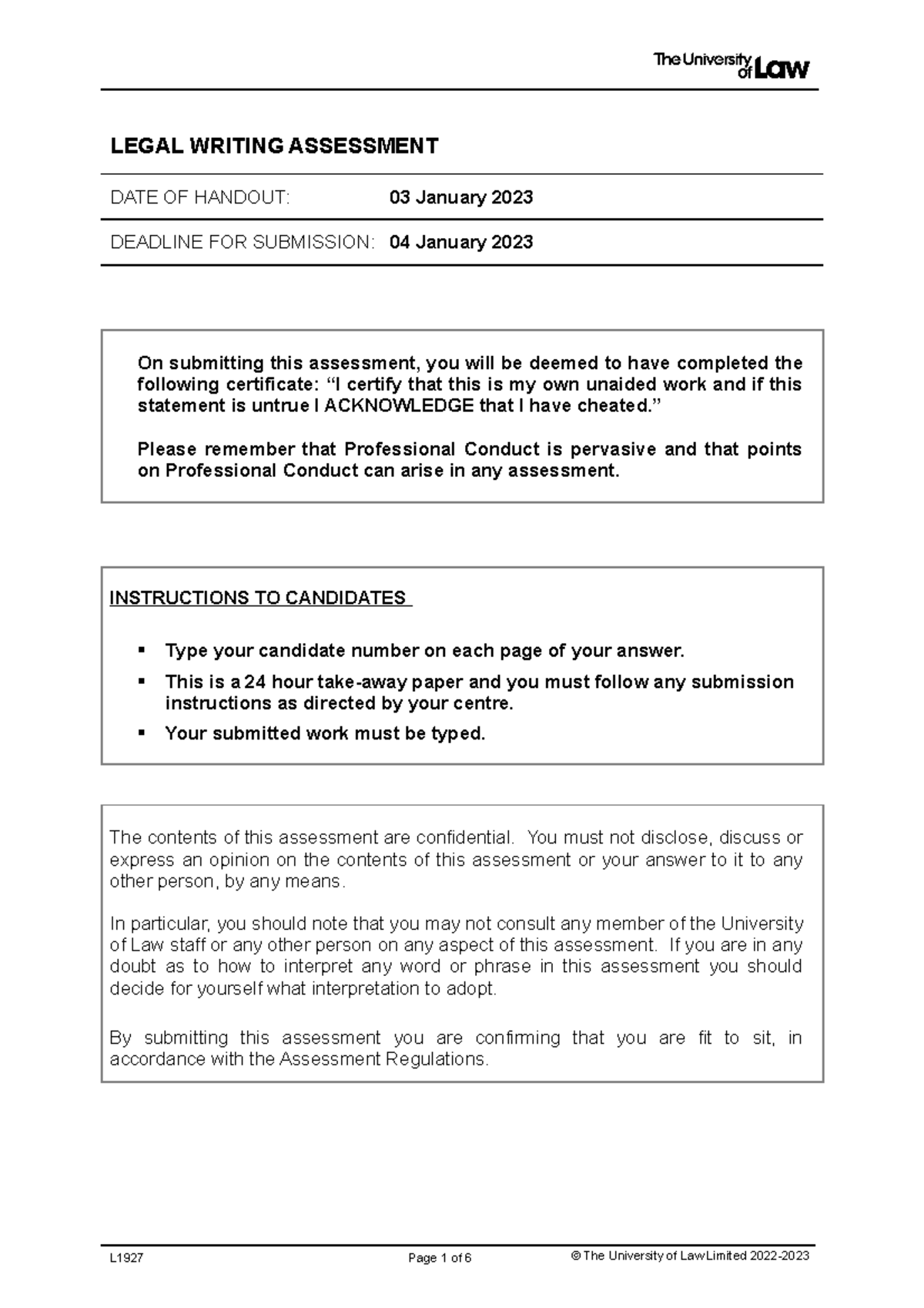 Legal Writingwrit Jan23 assessment final - LEGAL WRITING ASSESSMENT ...