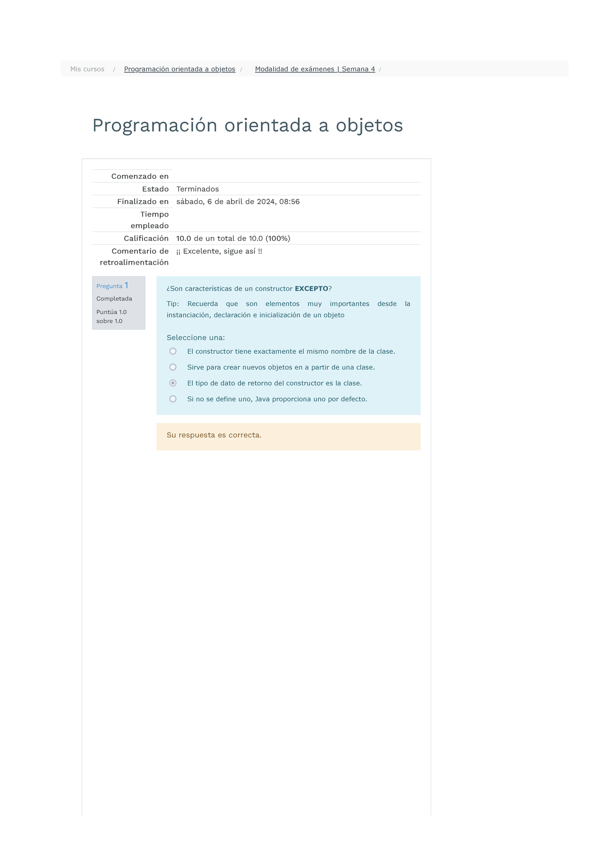 Modalidad de exámenes Semana 4 Revisión del intento - Programación orientada a objetos Pregunta ...